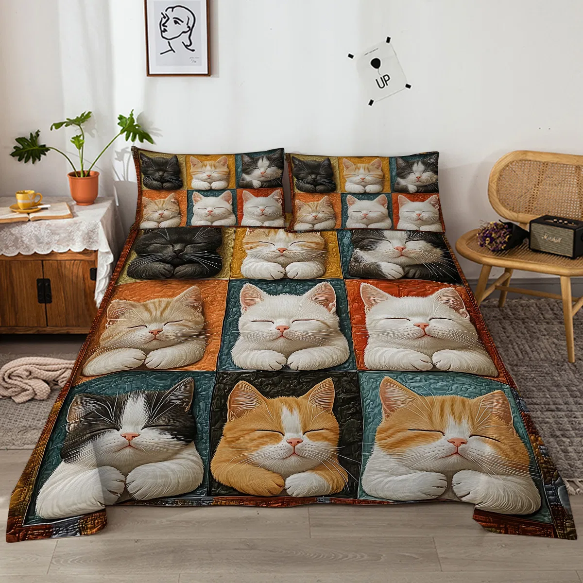 Yellow Cute Cat 4-Piece Queen Bedding Set, 3D Printed Pet Theme Bed ...