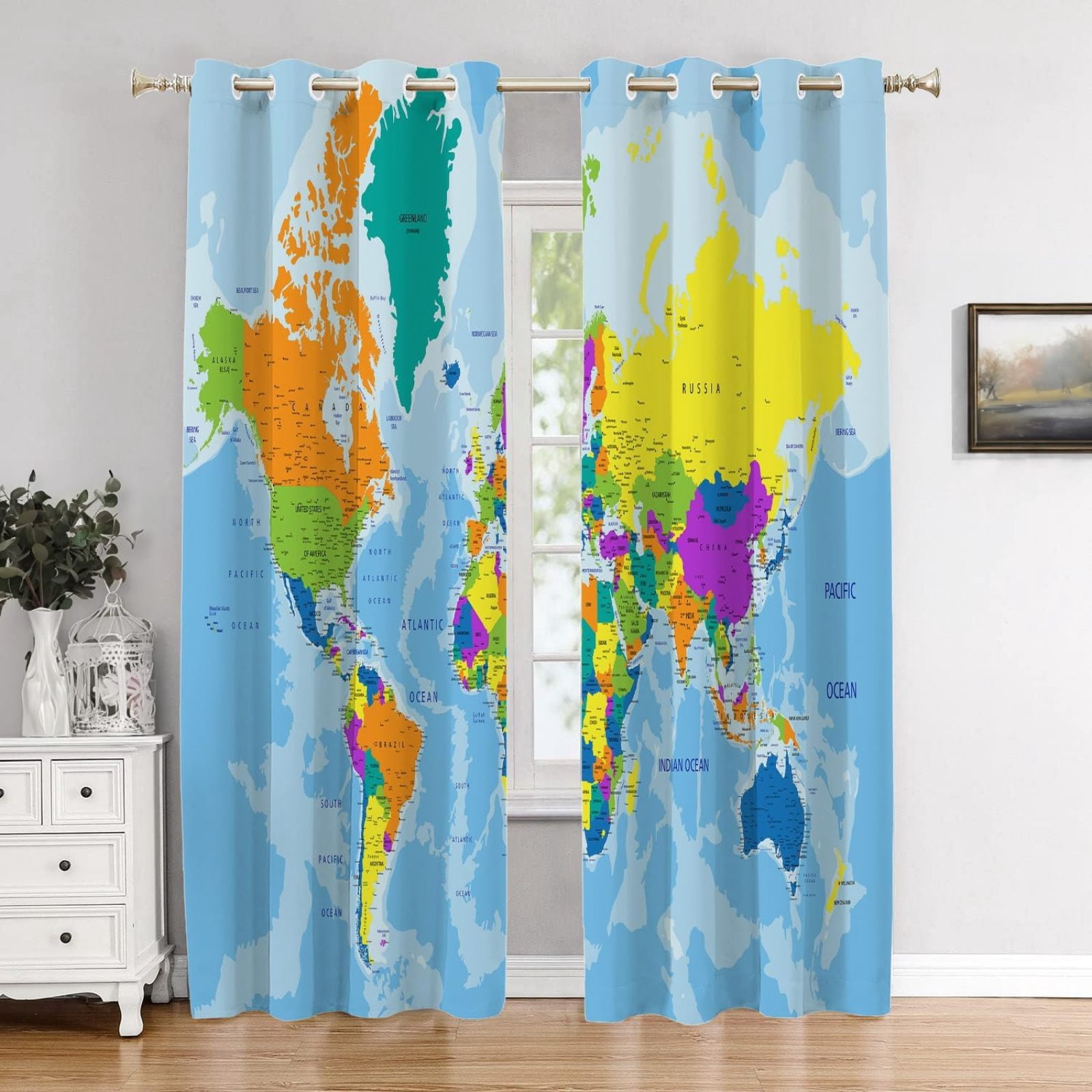 Yellow Cute Map Bedroom Curtains,Large Color World Earth Map Blackout ...