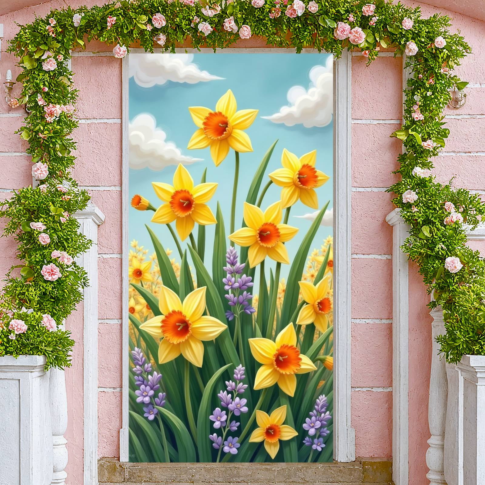 Yellow Daffodil Spring Flower Banner Purple Lavender Floral Display ...