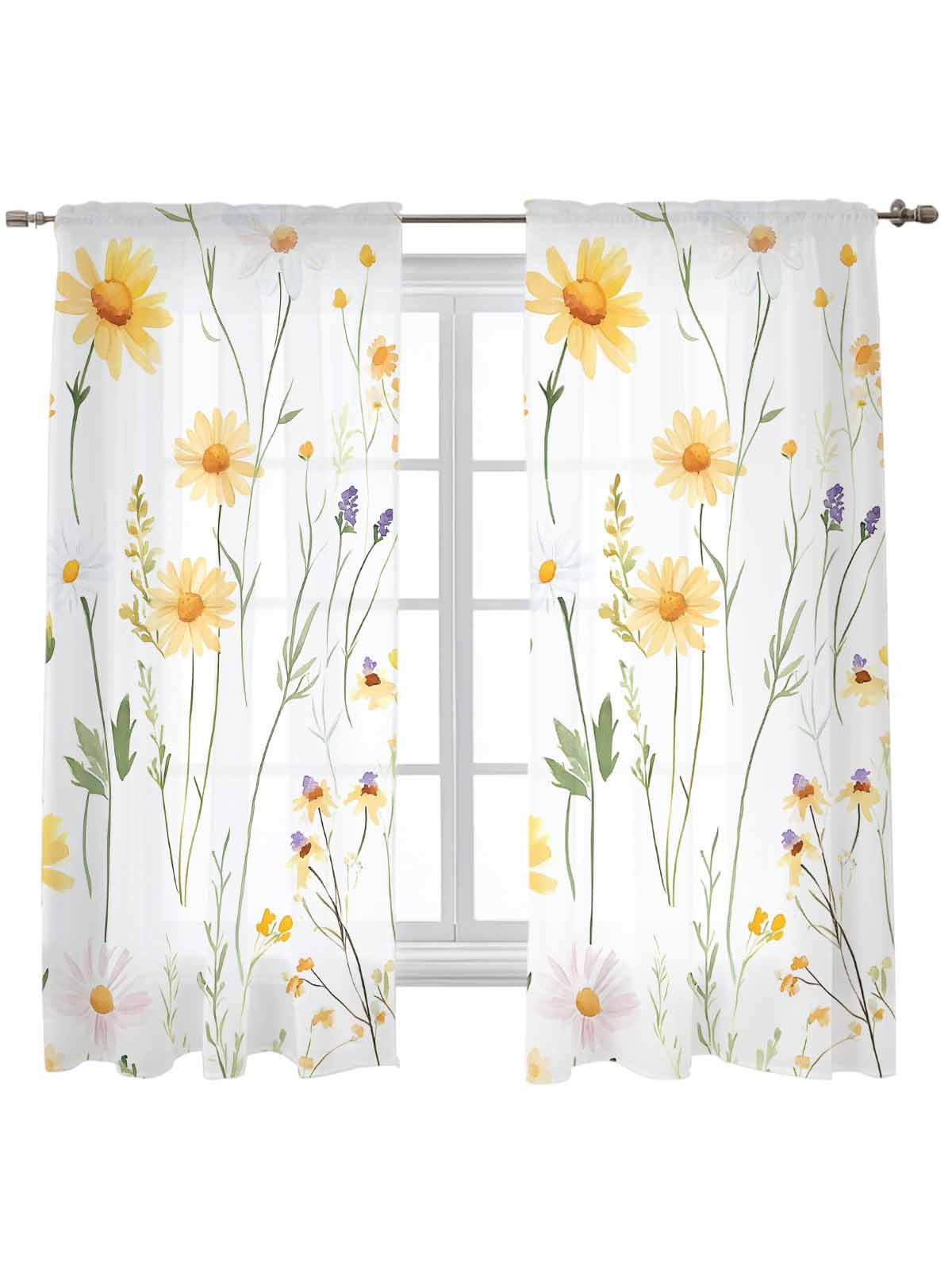 Yellow Daisy Floral Curtains 63 Inch Length, Sheer Curtains for Bedroom ...