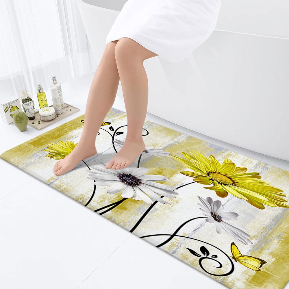 Yellow Daisy Floral Flowers Bathroom Rugs, Farm Rustic Farmhouse and ...