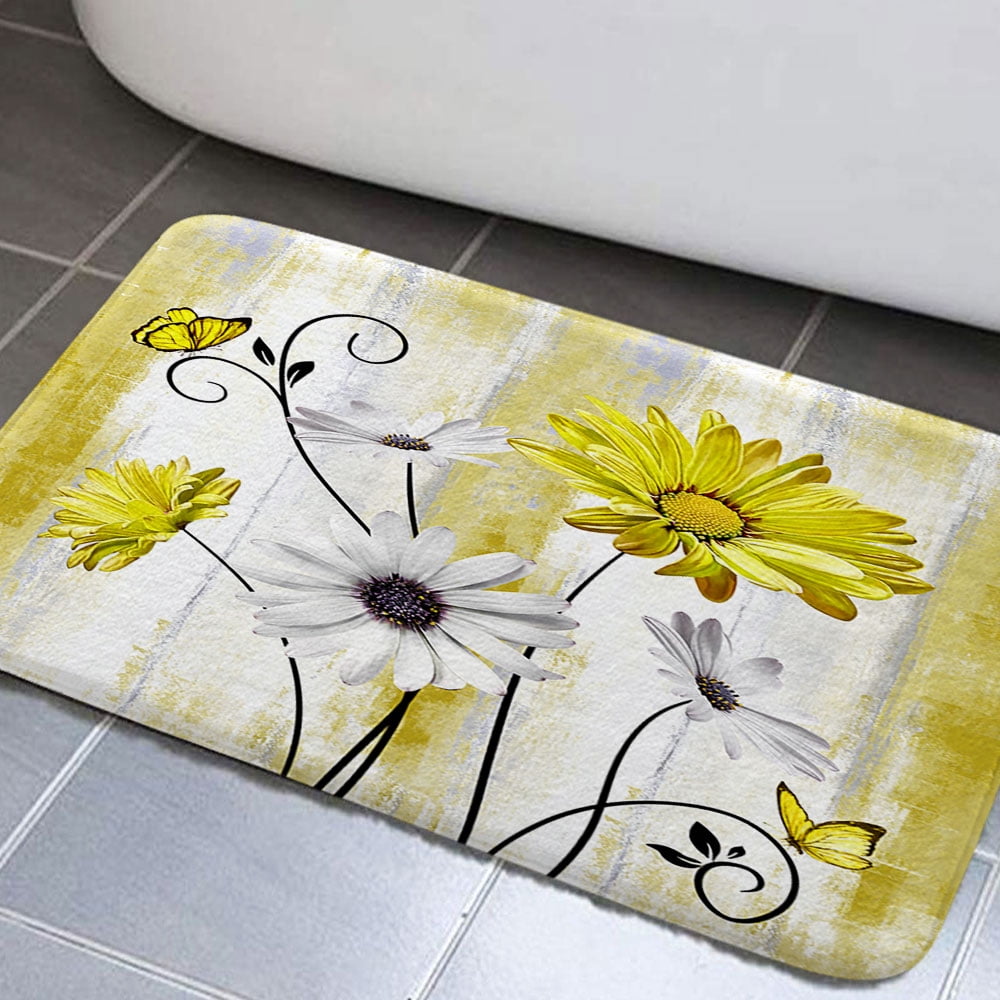 Yellow Daisy Floral Flowers Bathroom Rugs, Farm Rustic Farmhouse and ...