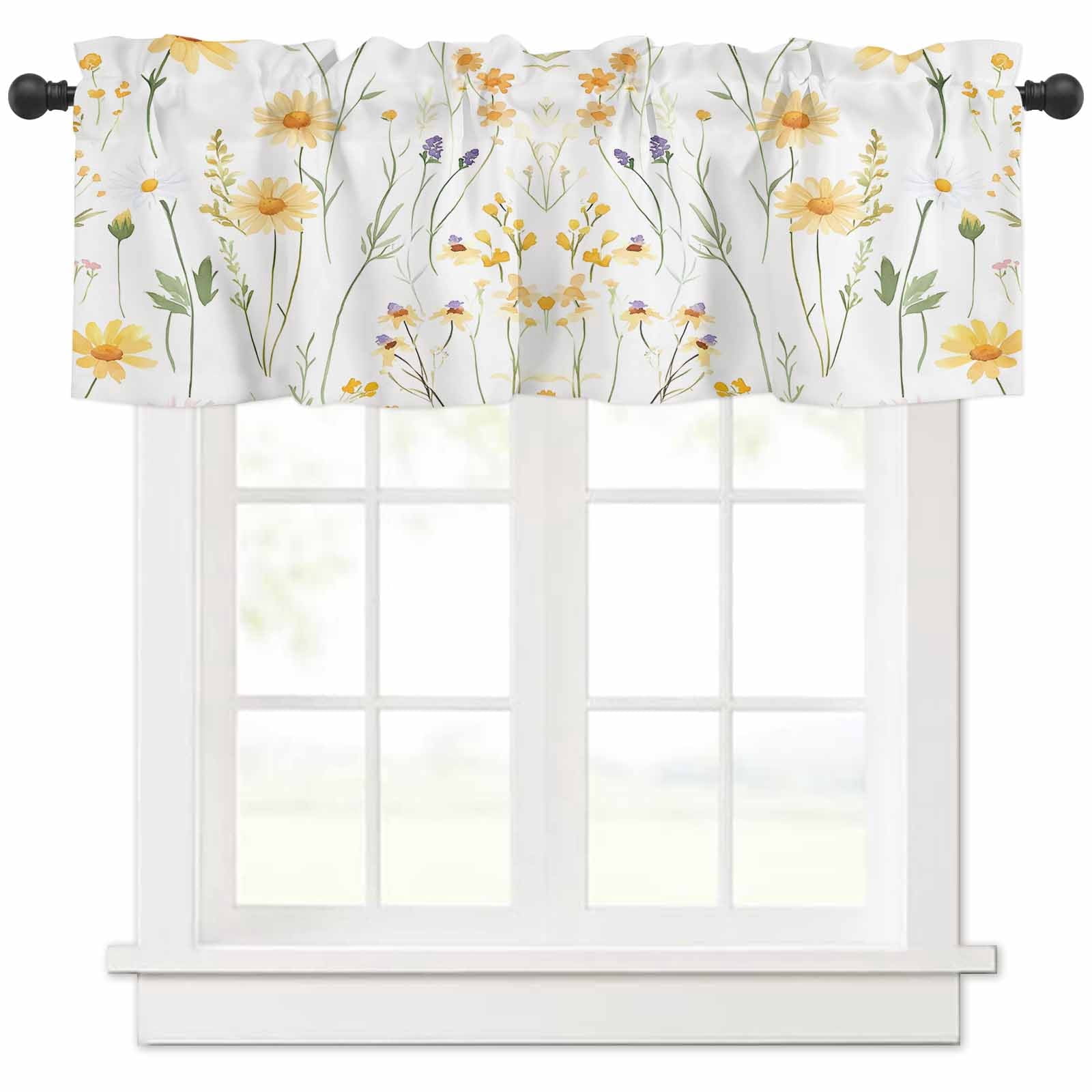Yellow Daisy Floral Valances for Windows Farmhouse Kitchen Curtains ...