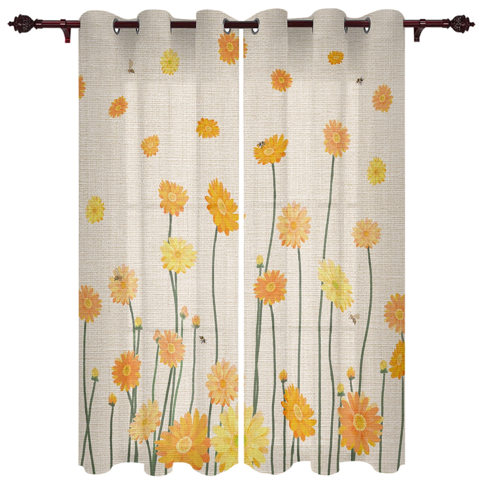 Yellow Daisy Flower And Bee Modern Window Curtains for Living Room ...