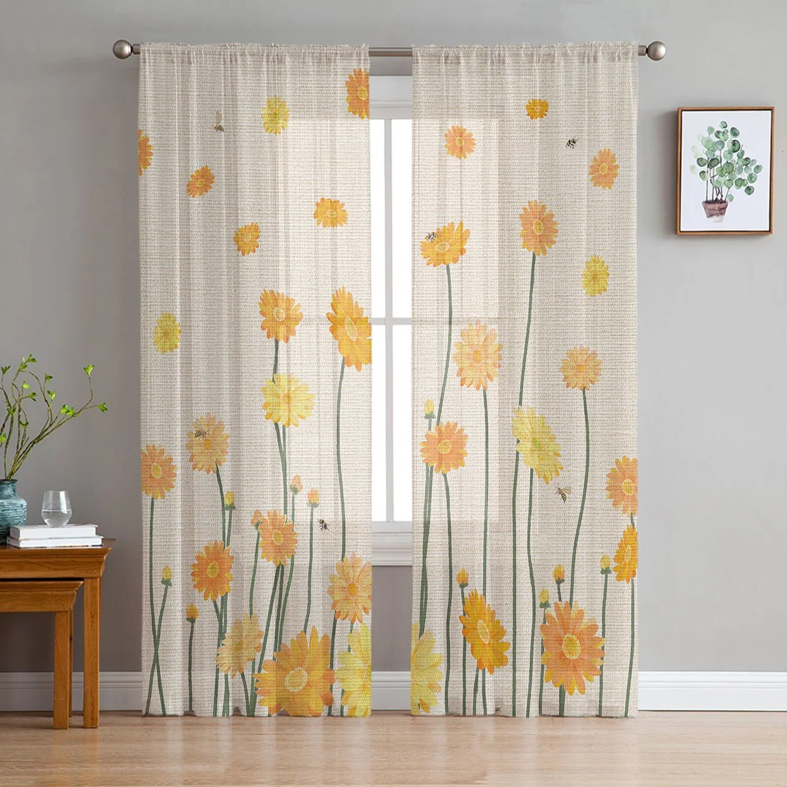 Yellow Daisy Flower And Bee Sheer Window Curtains for Living Room ...