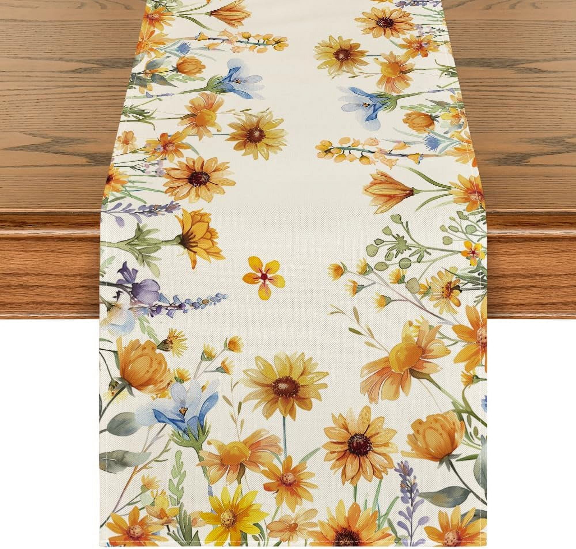 Yellow Daisy Lavender Flowers Leaves Summer Linen Table Runners Fall ...