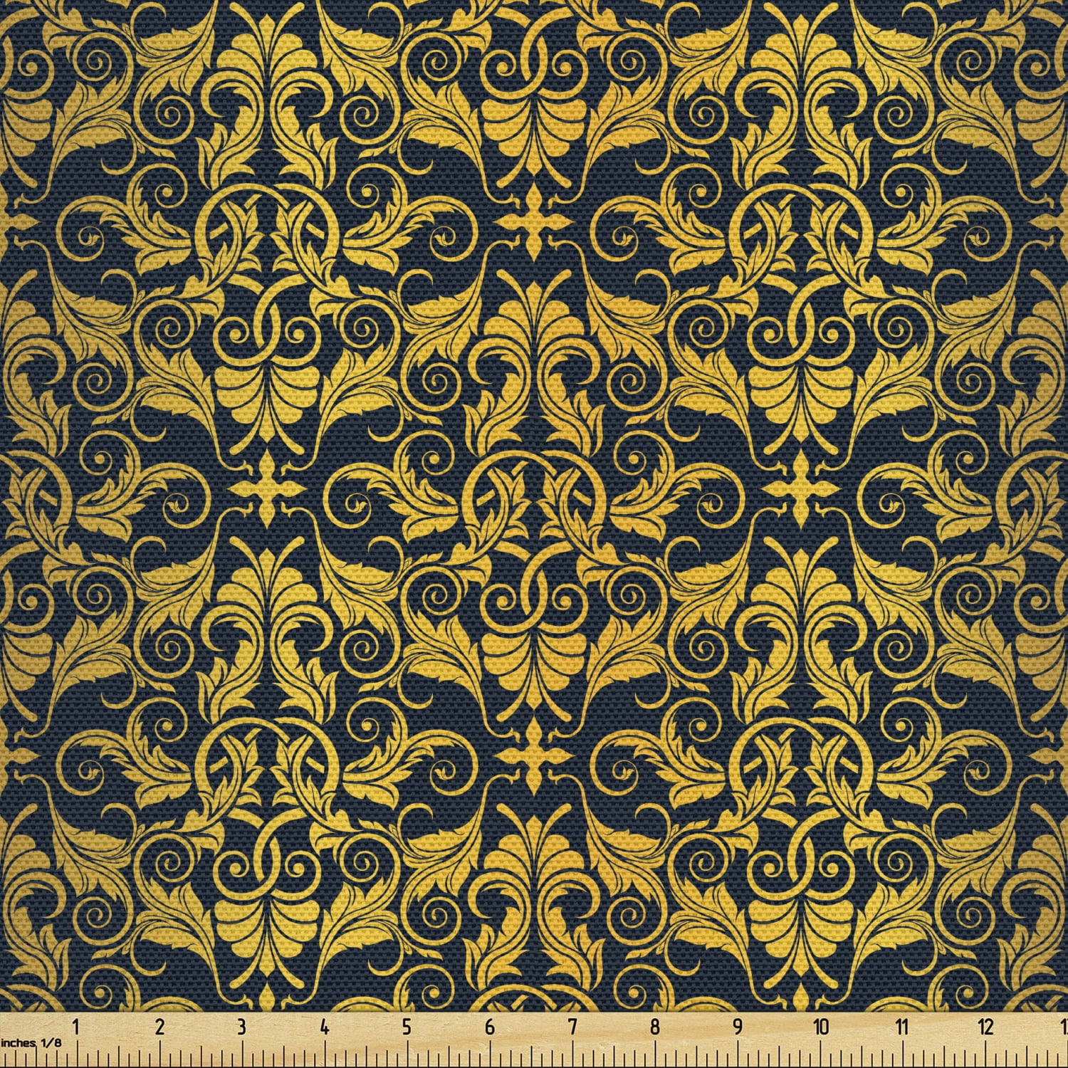 Yellow Damask Fabric by the Yard, Elaborated Pattern Illustration with ...