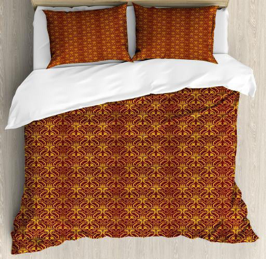 Yellow Damask Queen Size Duvet Cover Set, Interlaced Curvy Leaves ...