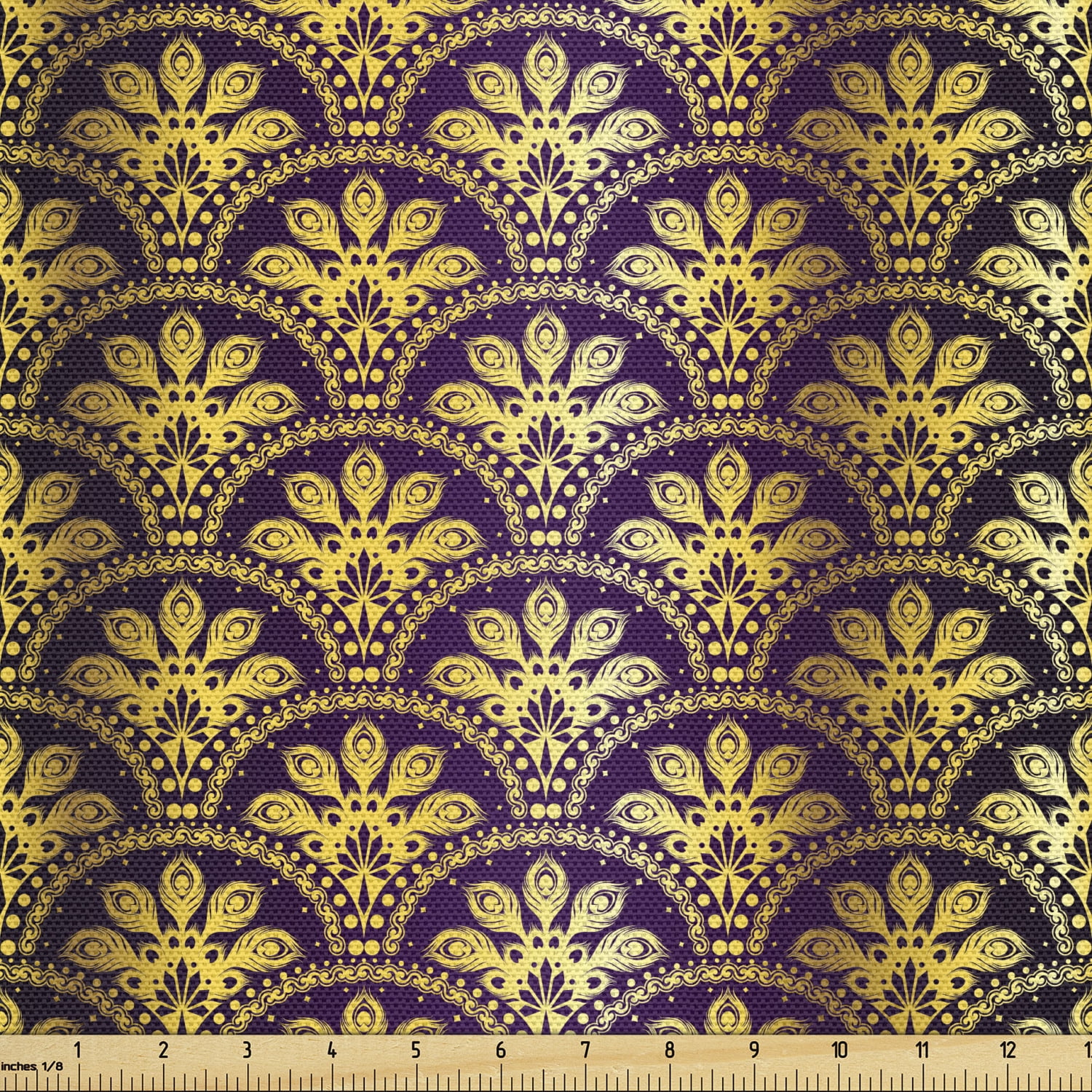 Ambesonne Yellow Damask Fabric by the Yard Upholstery, Peacock Motif, 5 ...