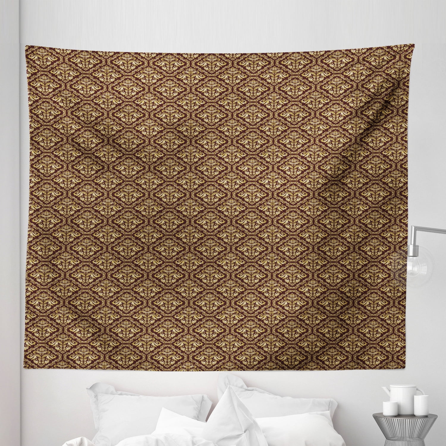 Yellow Damask Tapestry, Baroque Style Floral in Symmetrical Geometric ...