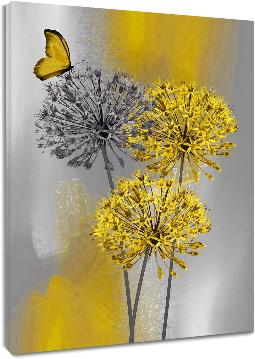 Yellow Dandelion Canvas Wall Art Yellow Grey Dandelion with Butterfly ...