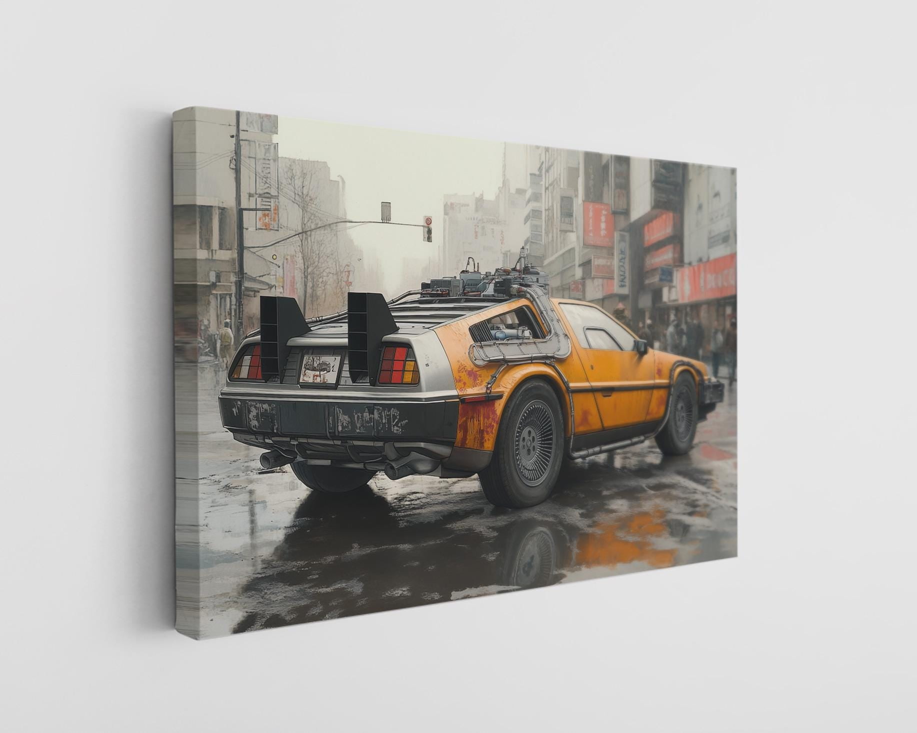 Yellow DeLorean Time Machine Canvas Art - Retro 80s Sci-Fi Urban Wall ...