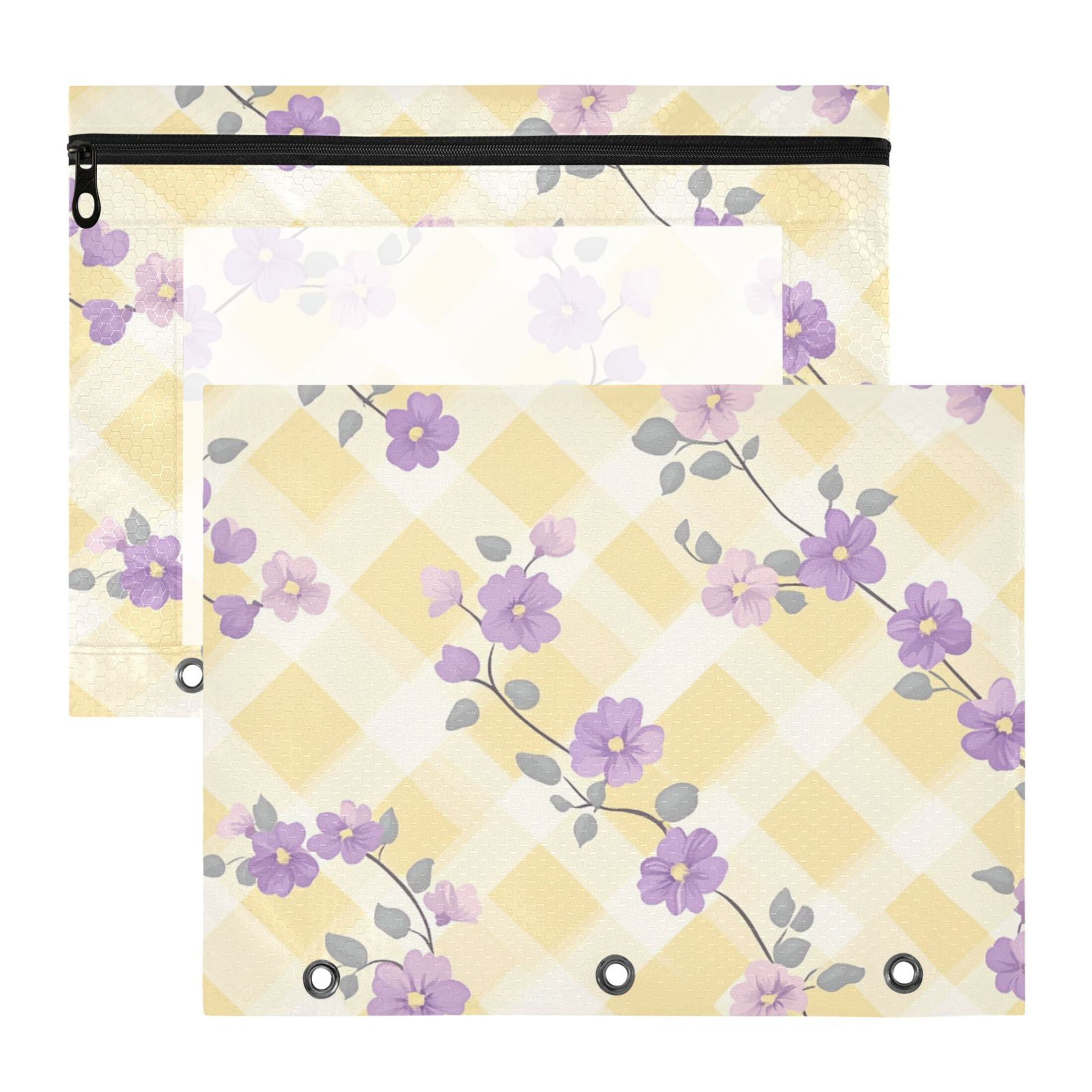 Yellow Diagonal Plaids Purple Flowers 3-Ring Binder Pouches A4 Size ...