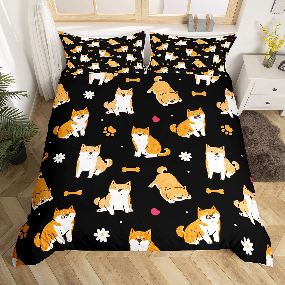 Yellow Dog Bedding Set Twin Kawaii Decor,Cartoon Shiba Inu Puppy Dog ...