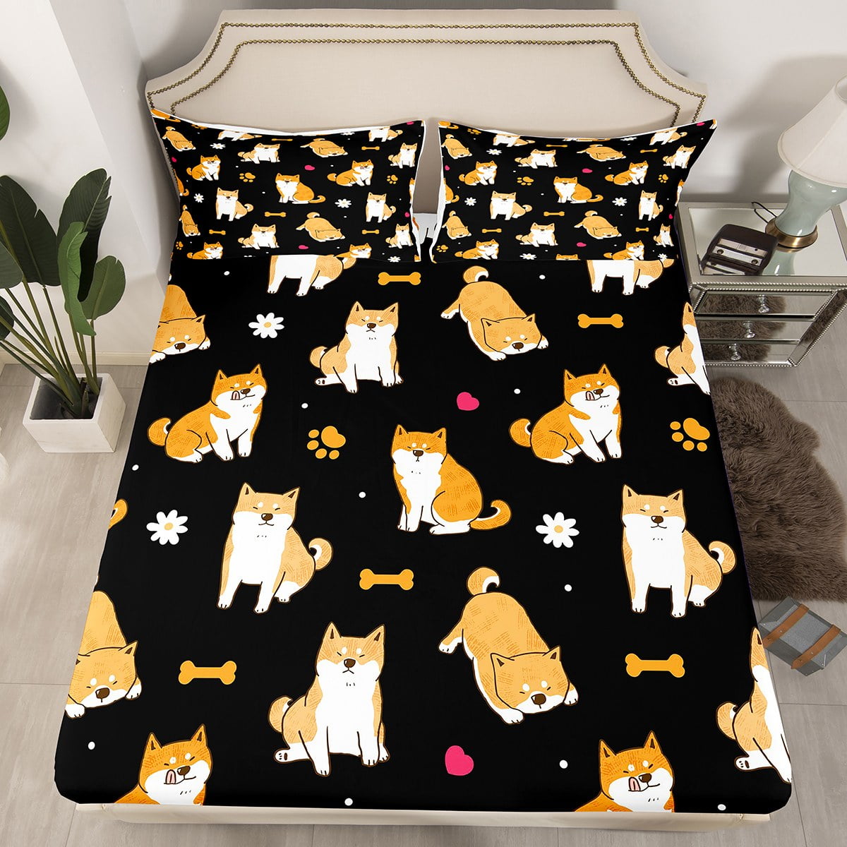 Yellow Dog Bedding Set Kawaii Decor,Cartoon Shiba Inu Pet Dog Black ...