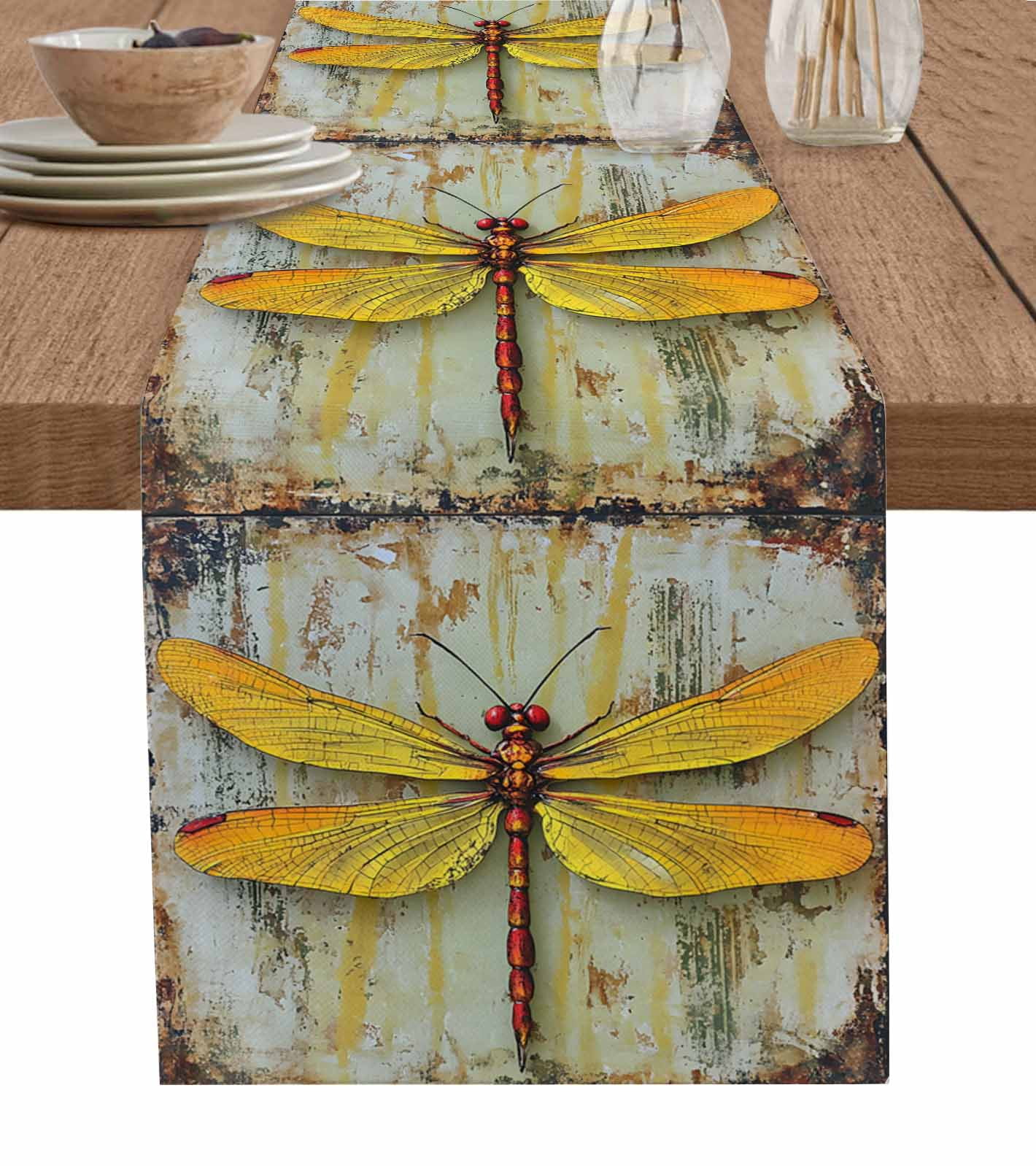 Yellow Dragonfly Burlap Cotton Table Runner 13x90 Inches Long, Vintage ...