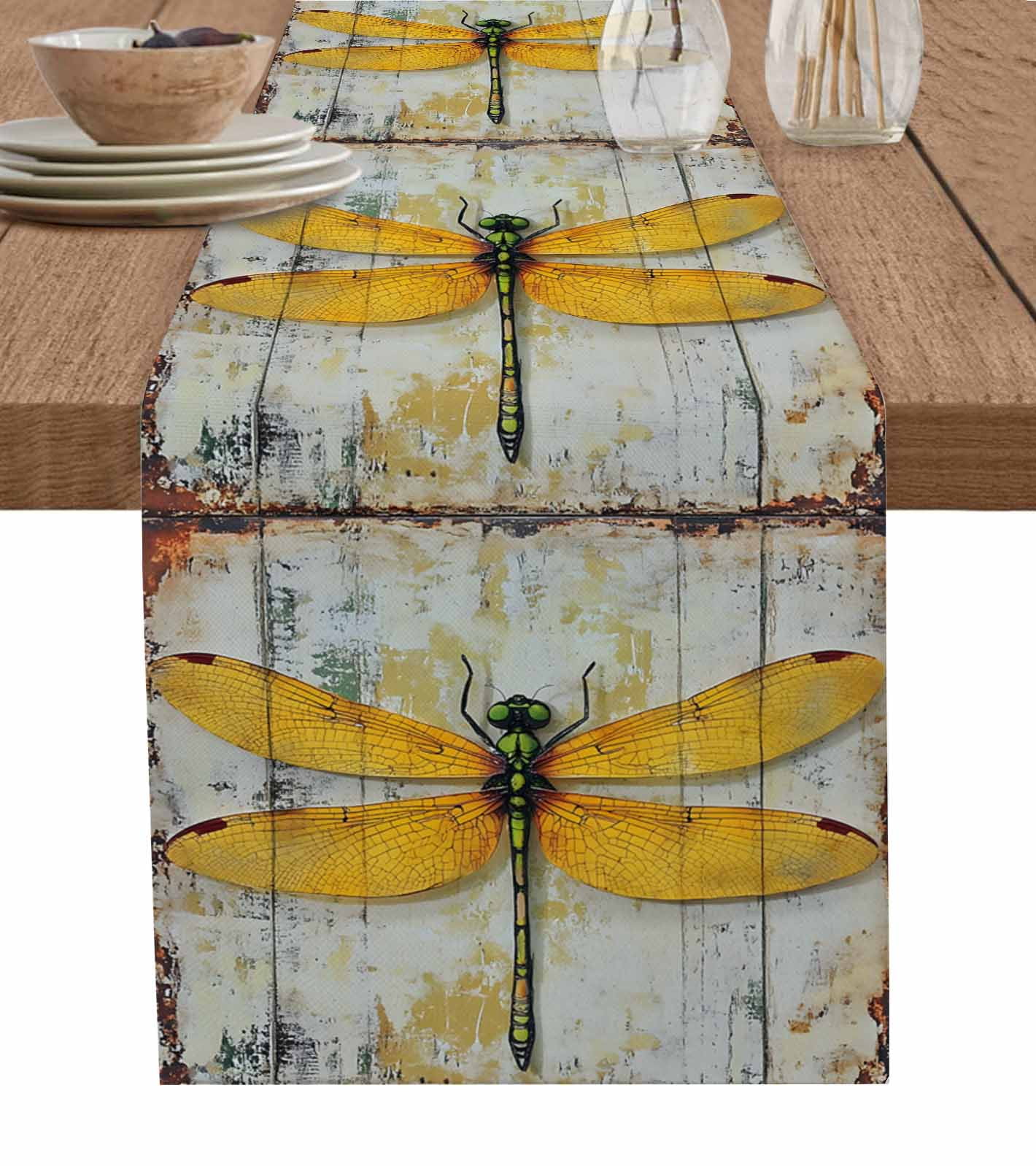 Yellow Dragonfly Burlap Cotton Table Runner 14x72 Inches Long, Vintage ...