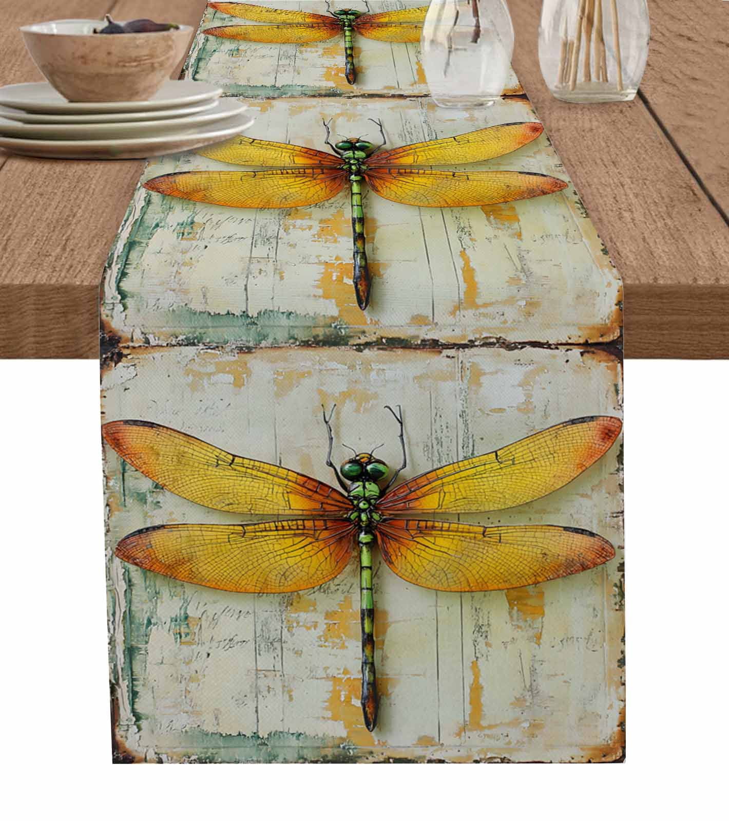 Yellow Dragonfly Table Runner 72 Inches, Vintage Rustic Chic Animals ...