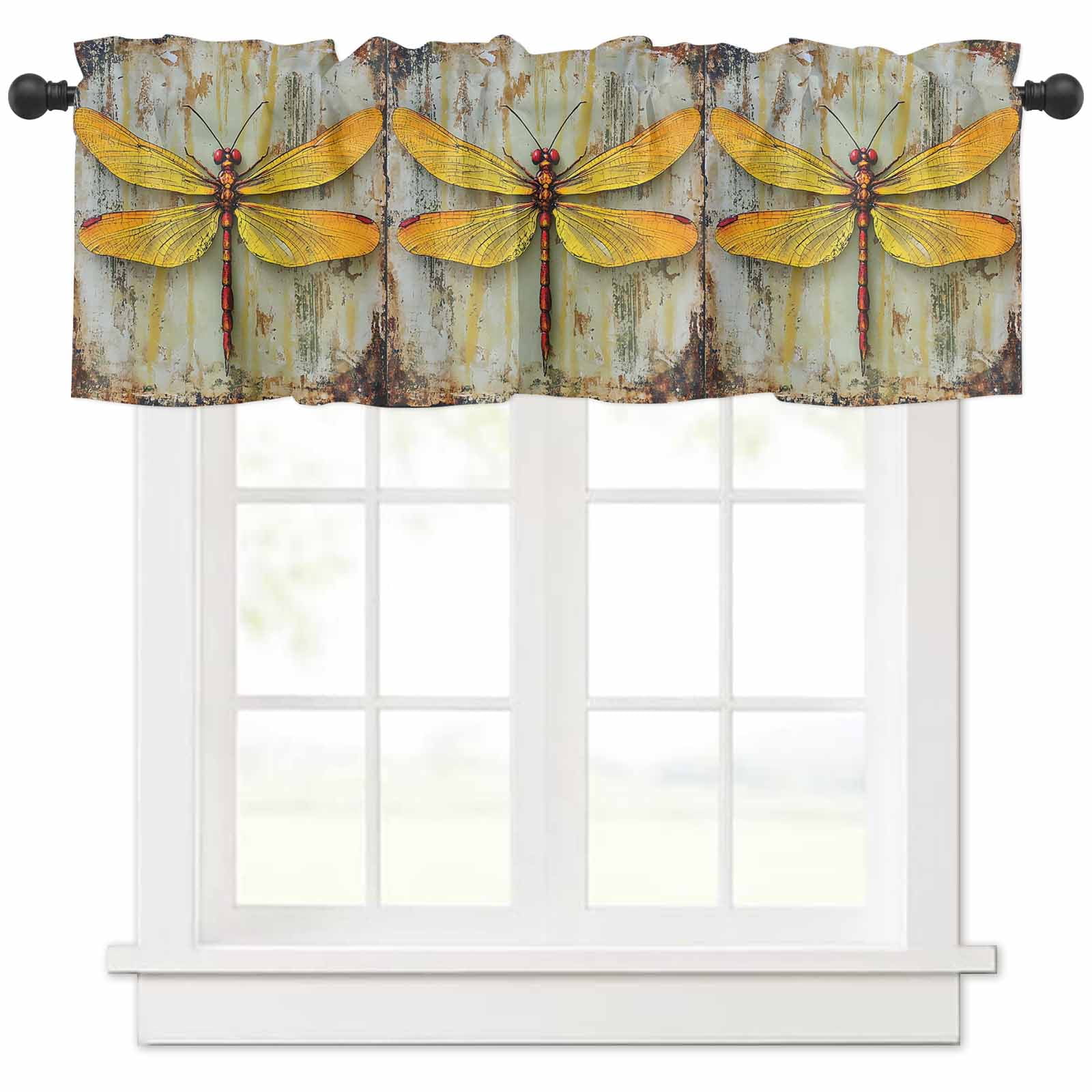 Yellow Dragonfly Valances for Windows Farmhouse Kitchen Curtains ...