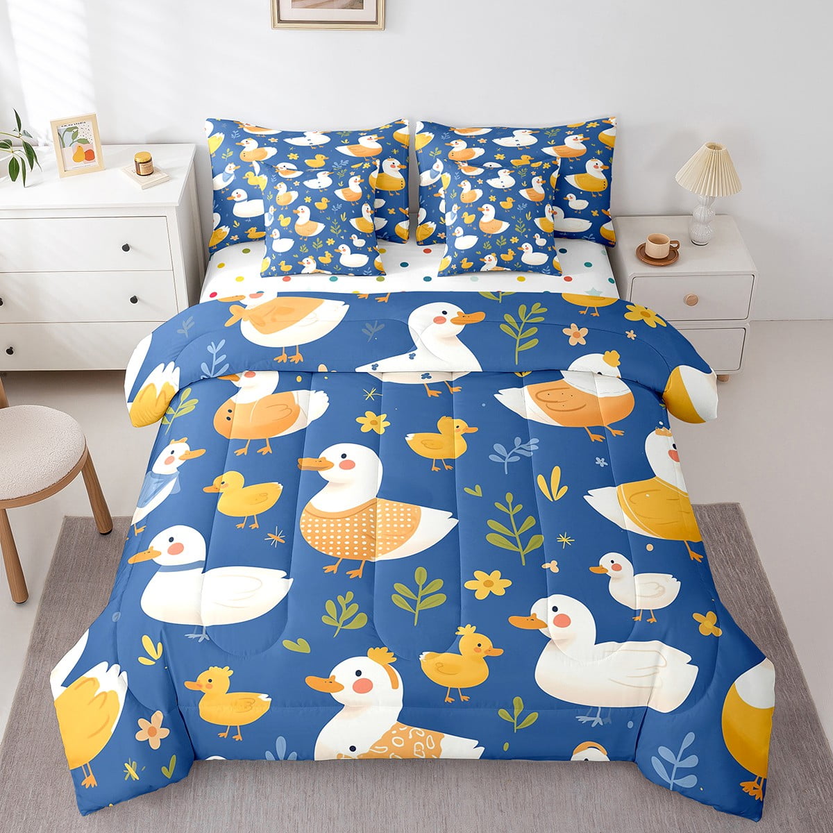 Yellow Duck Bedding Set 7 Pieces Kawaii Duck Painting Twin Comforter ...