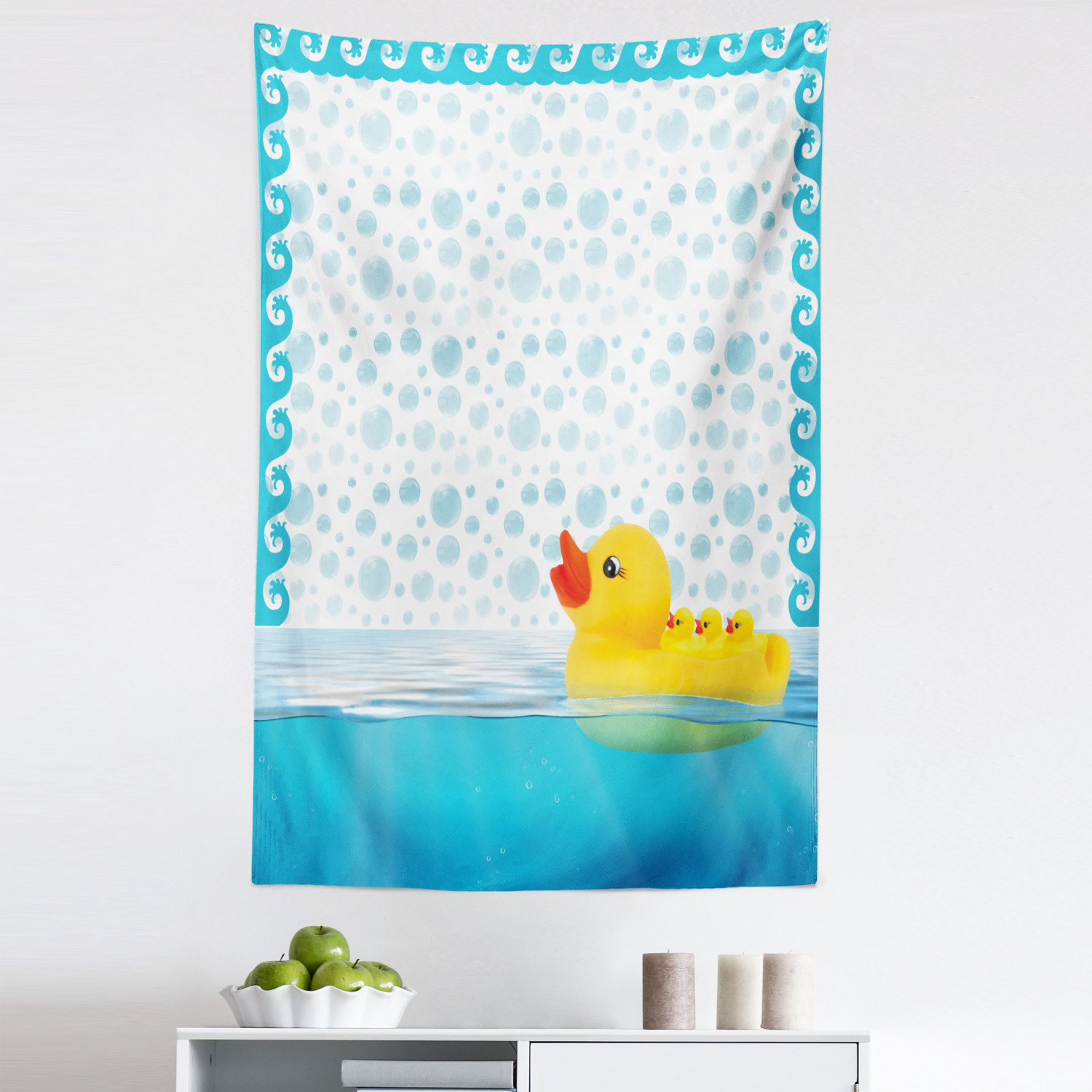 Yellow Duck Tapestry, Funny Swimming Animal Rubber Toy on Water with ...