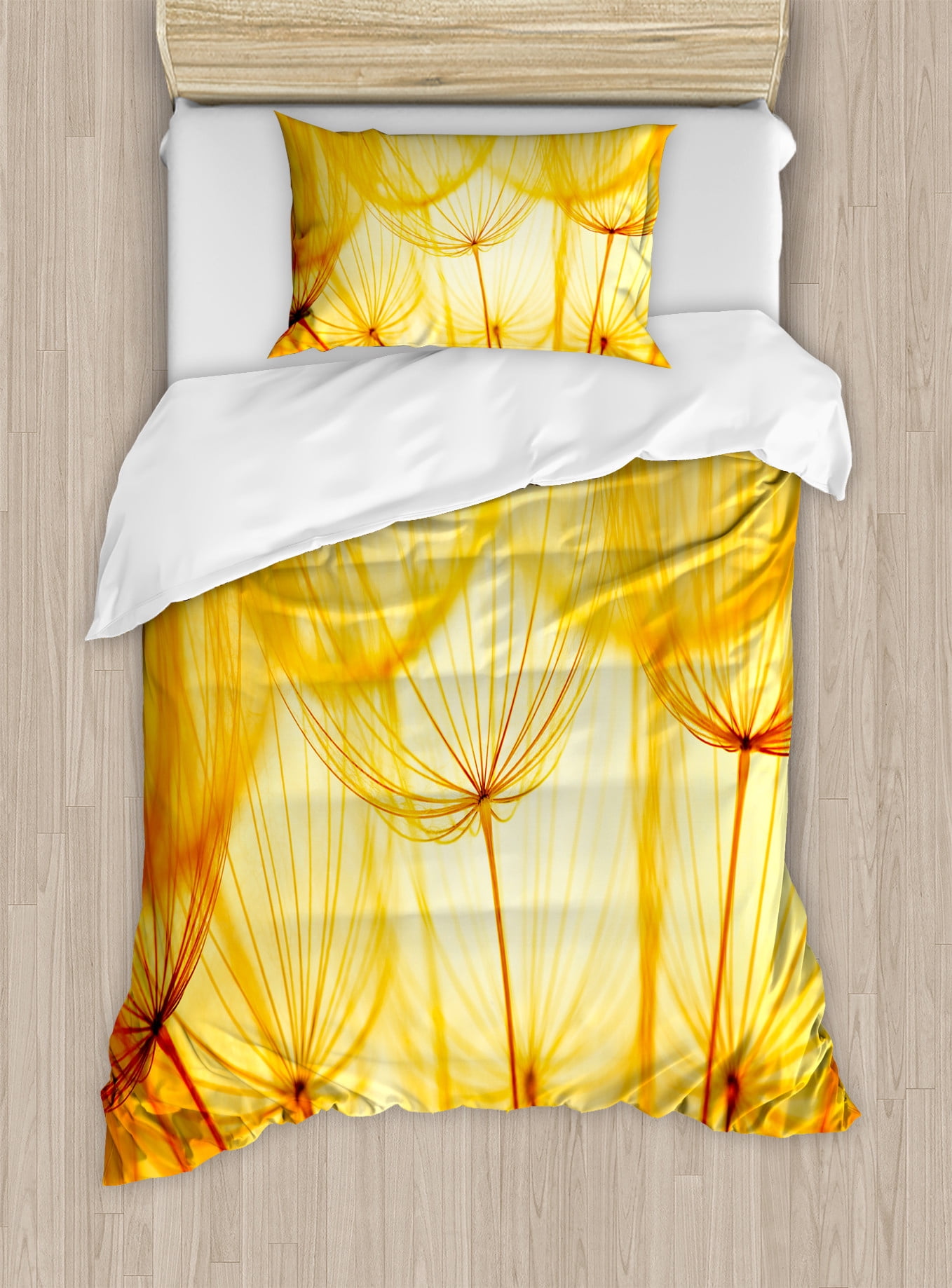 Yellow Duvet Cover Set, Joy of Dandelion Flower with Garden in Hot ...