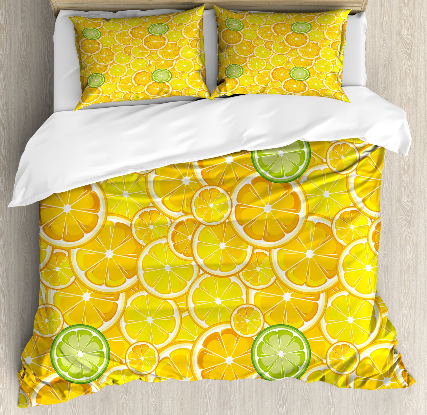 Yellow Duvet Cover Set, Lemon Orange Lime Fruit Citrus Round Cut ...