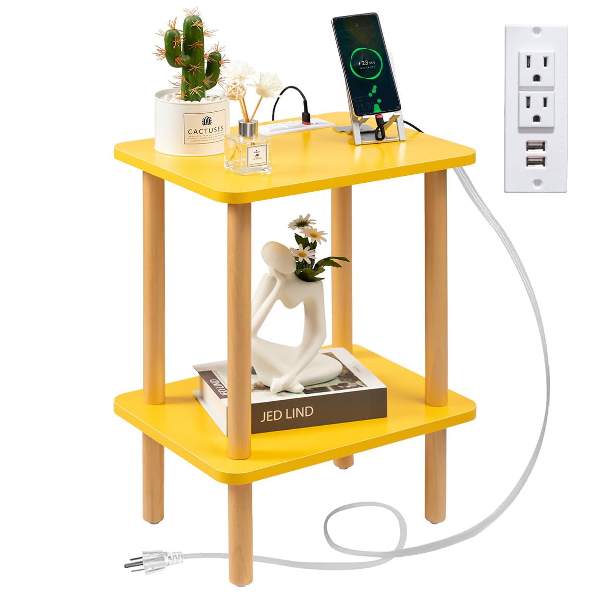 Yellow End Tables with USB Ports and Outlets, Small Side Table for ...