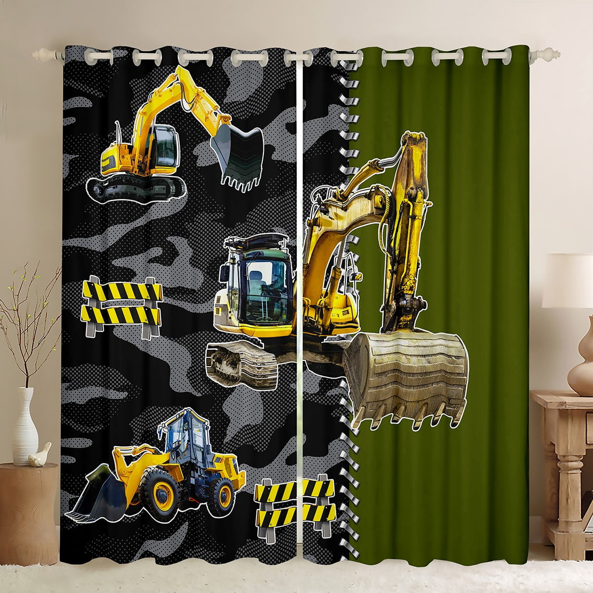 Yellow Excavator Blackout Curtains Construction Curtains,Big Wheel Car ...