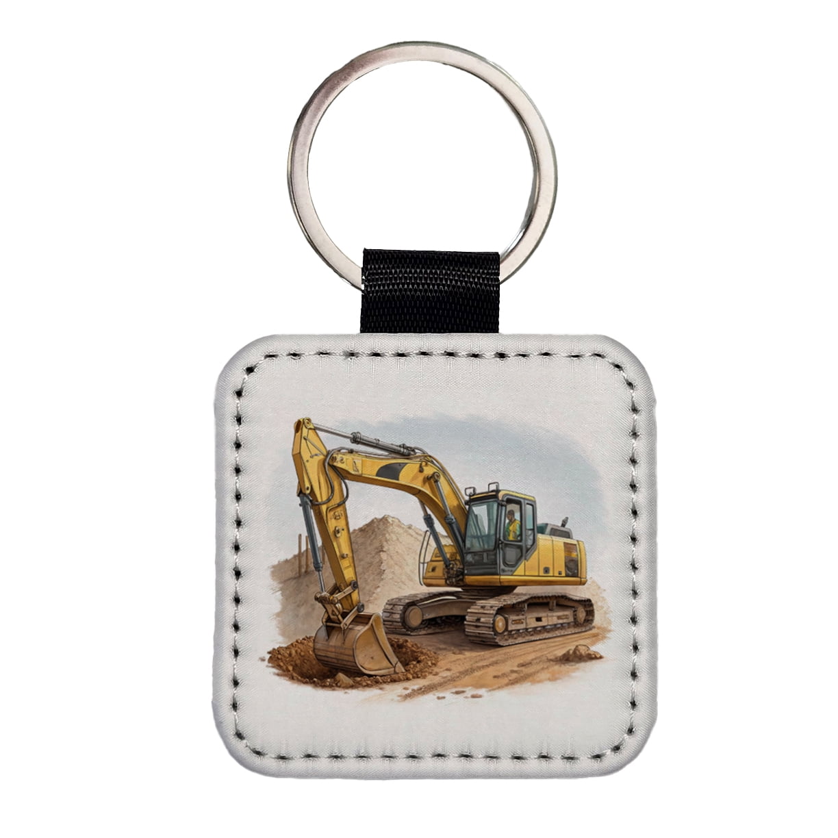 Yellow Excavator Construction Equipment Faux Leather Square Keychain ...