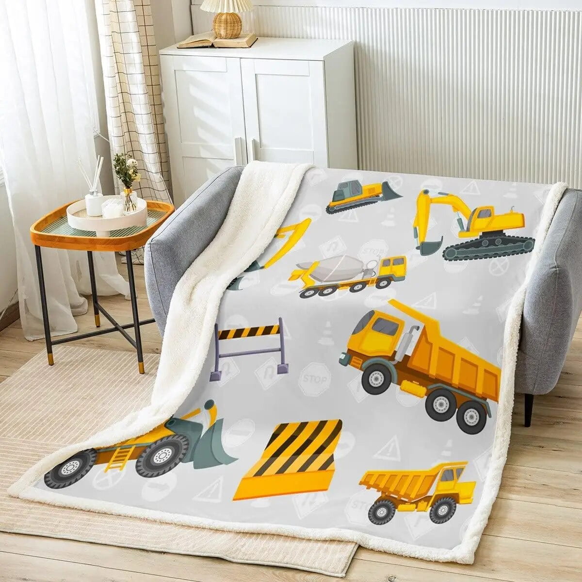 Yellow Excavator Sherpa Blanket Cartoon Car Fleece Throw Blanket for ...