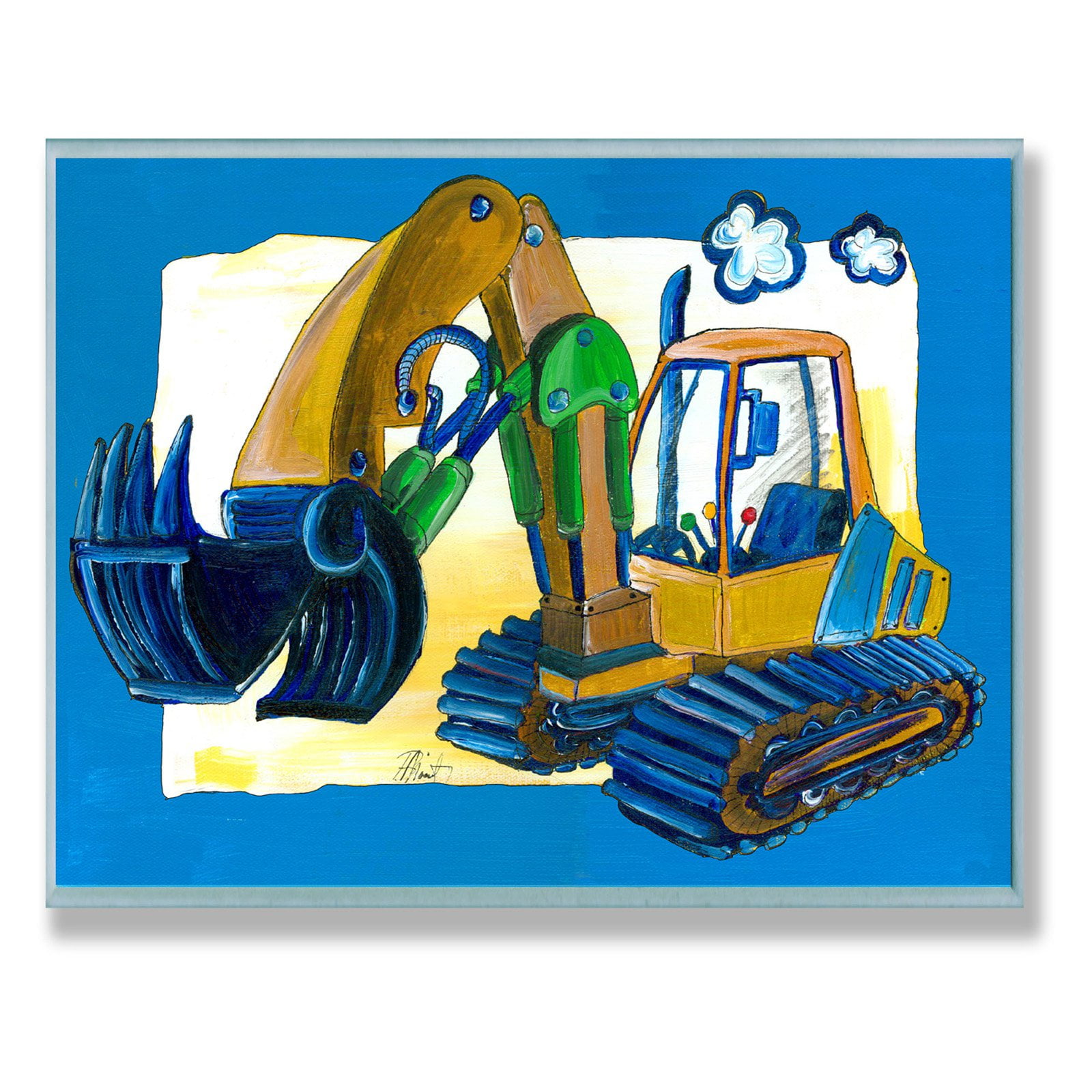 Yellow Excavator with Blue Border Oversized Wall Plaque Art, 12.5 x 0.5 ...