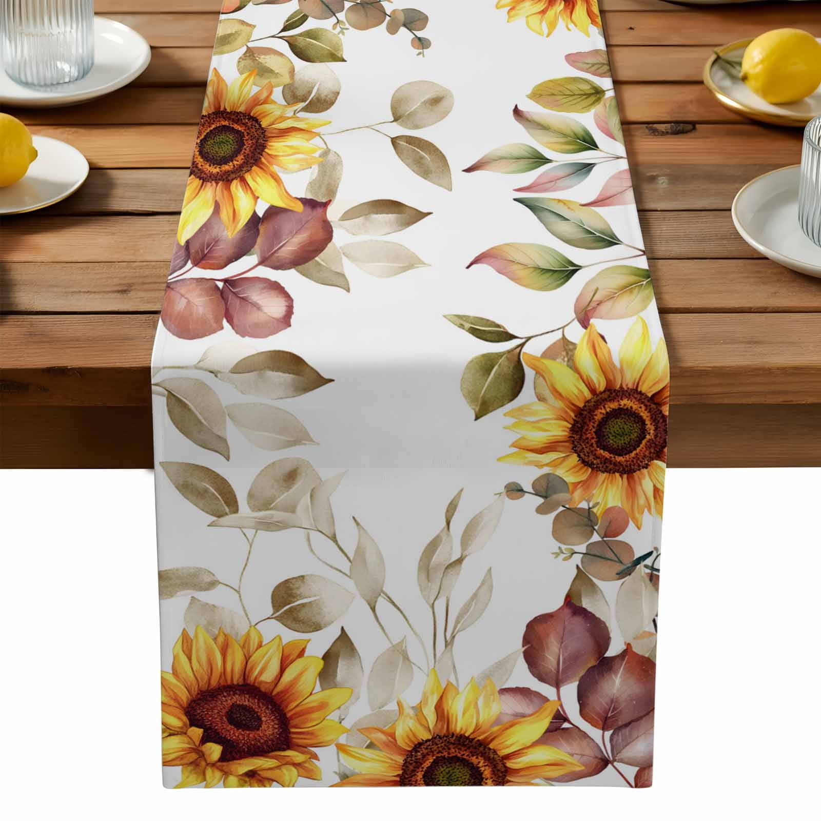Yellow Fall Thanksgiving Table Runner, Sunflower Leaf Floral Print ...