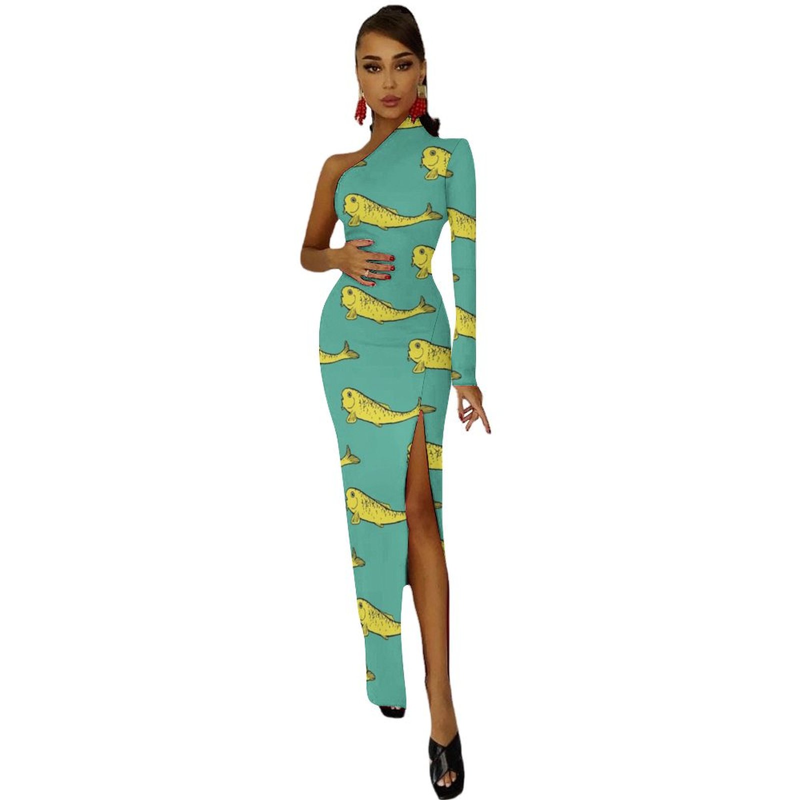 Yellow Fish Pattern Half Dleeve Split Dress african dresses for woman ...