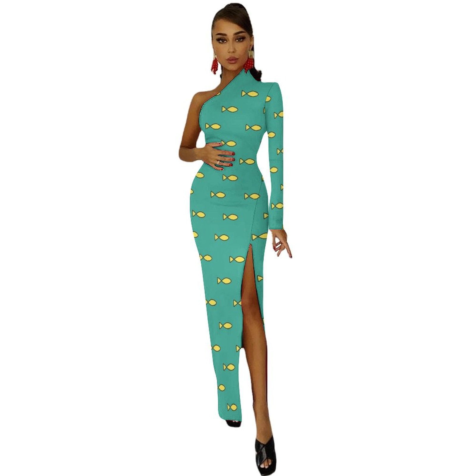 Yellow Fish Pattern Half Dleeve Split Dress cocktail dresses dress for ...