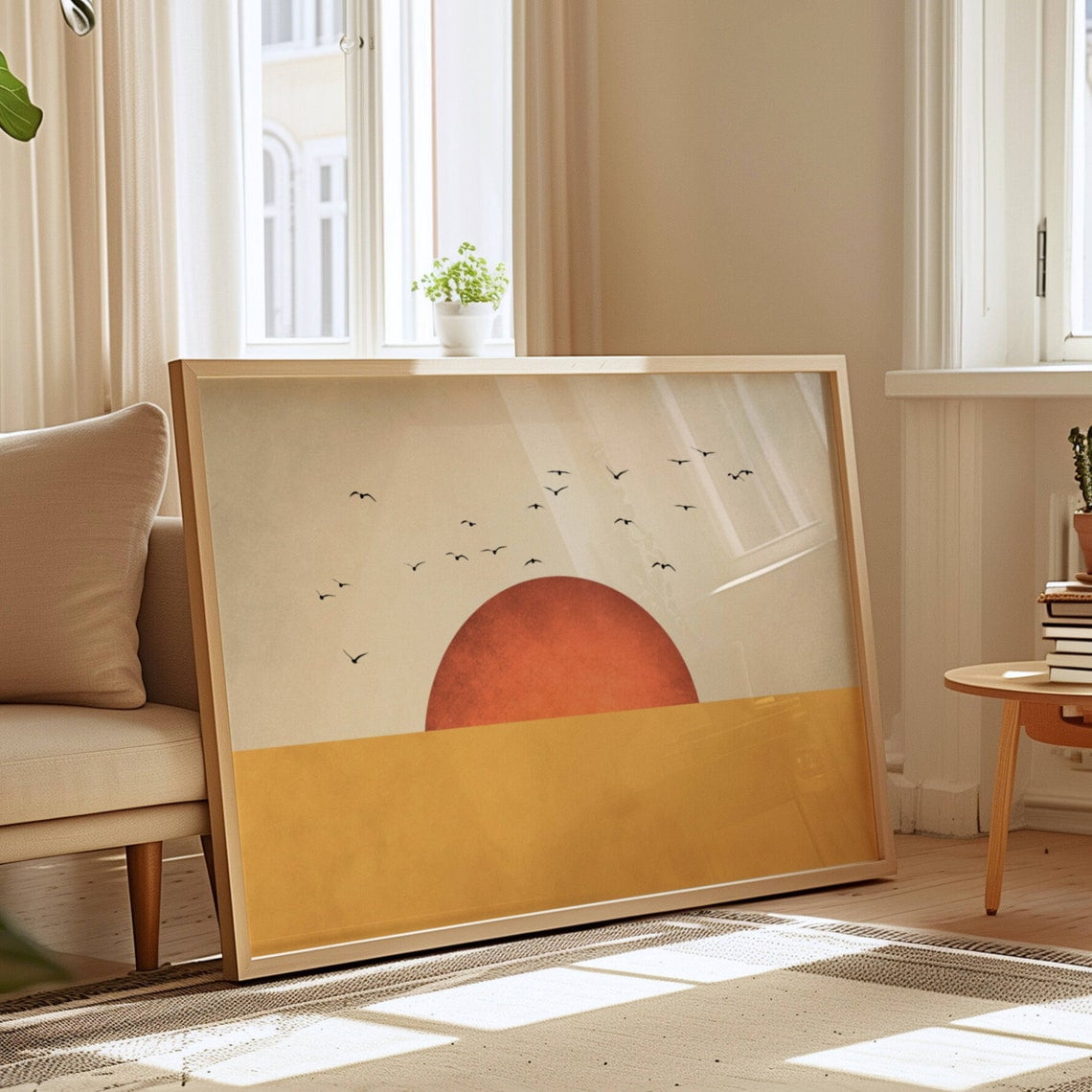 Yellow Flock Of Birds Wall Art, Orange Sun Art Print, Japandi Wall Art ...