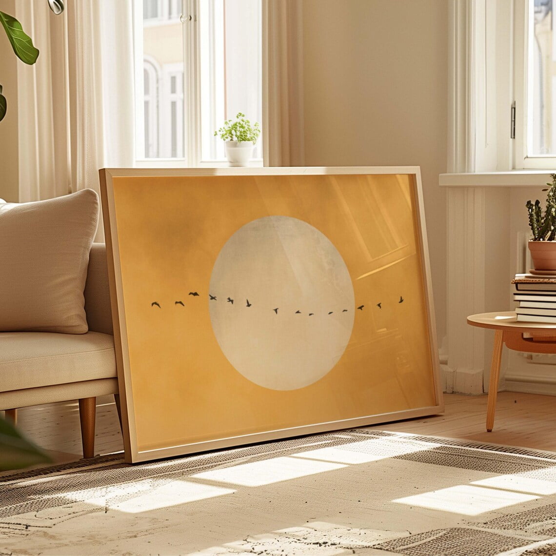 Yellow Flock Of Birds Wall Art, Sun Art, Japandi Wall Art, Large Living ...