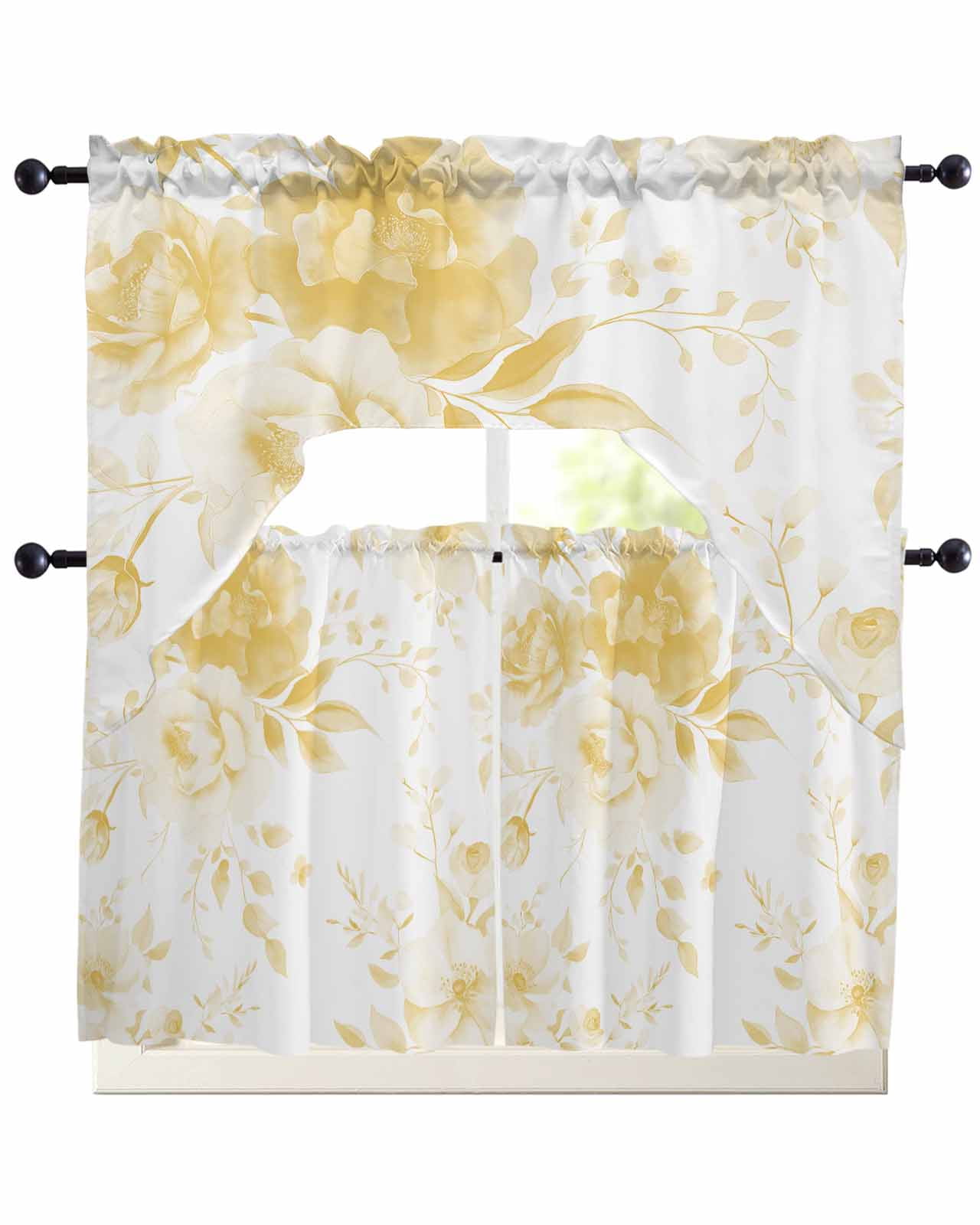 Yellow Floral Art Kitchen Curtains Swag Valance and Tier Curtains Set ...
