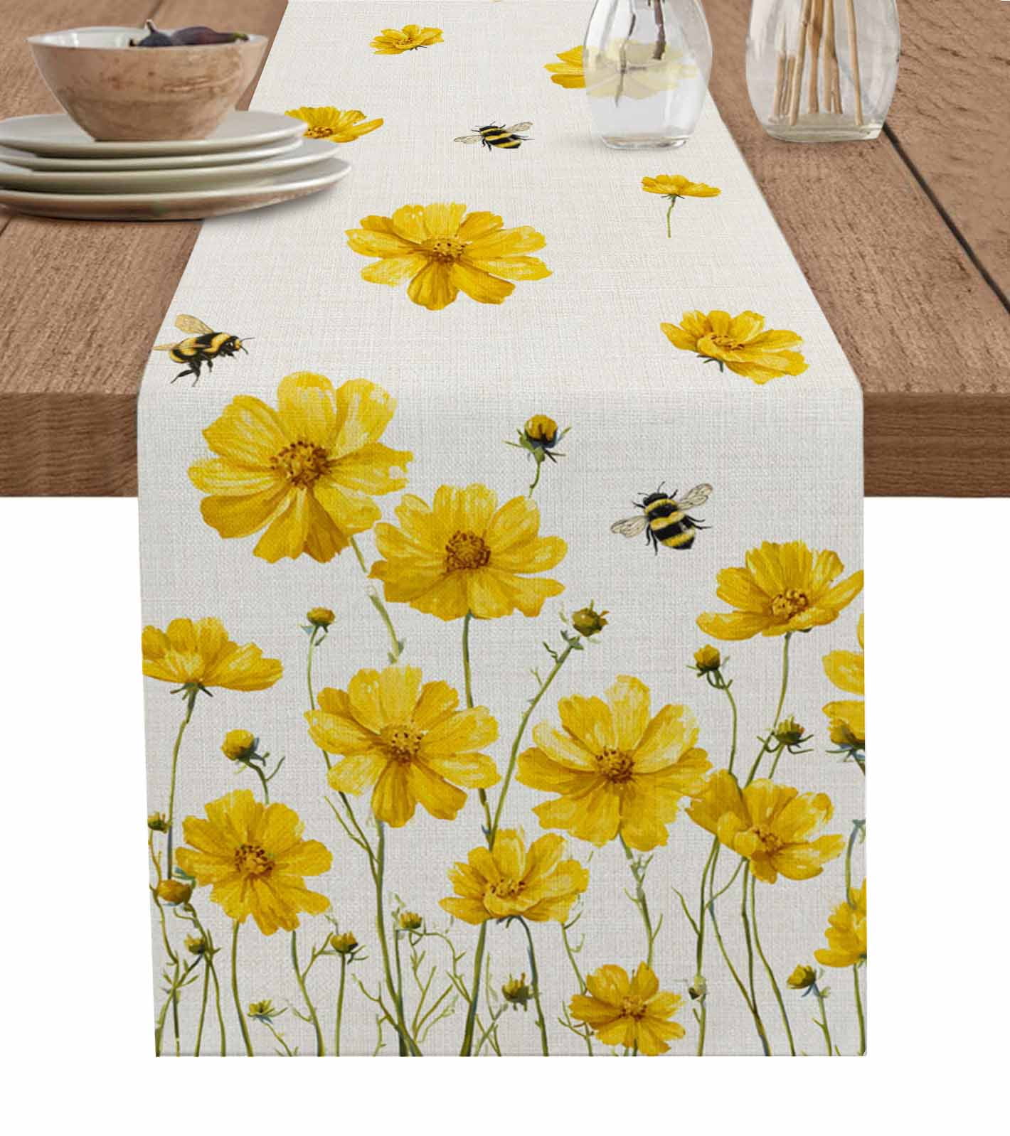 Yellow Floral Bee Table Runner Summer Watercolor Botanical Flower ...