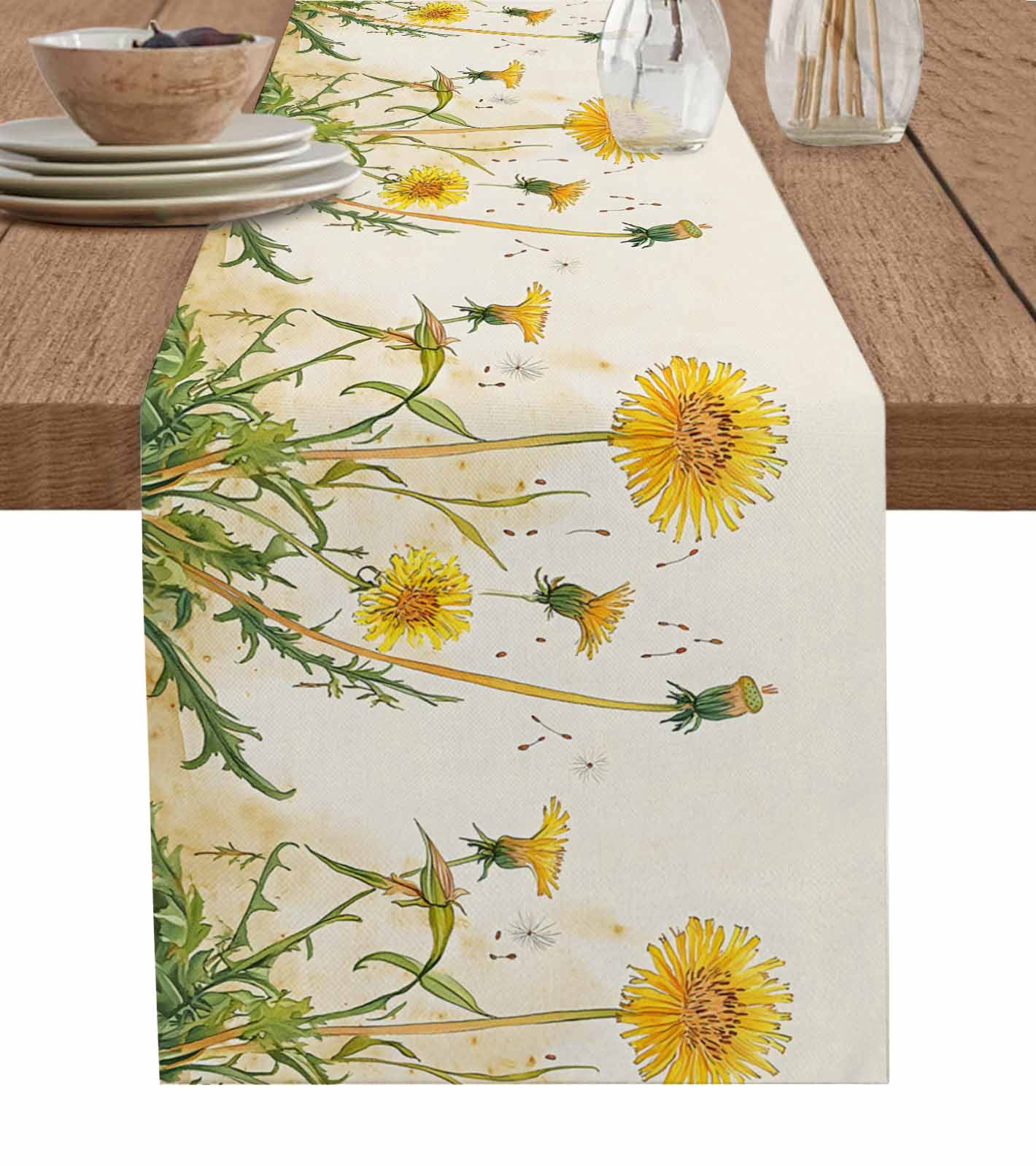 Yellow Floral Botanical Table Runner 120 Inches, Farmhouse Watercolor ...