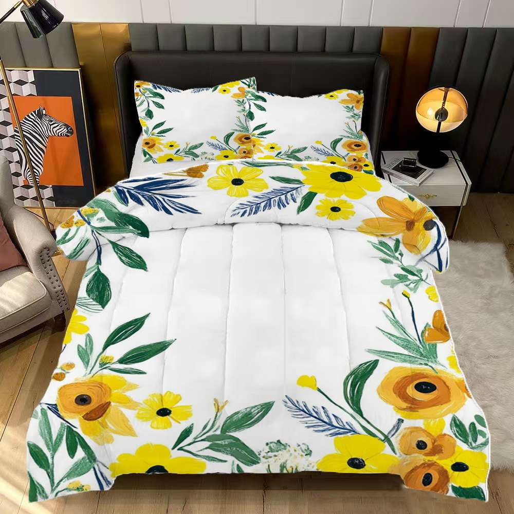 Yellow Floral Frame White Background Comforter Set Full Size Bedding ...