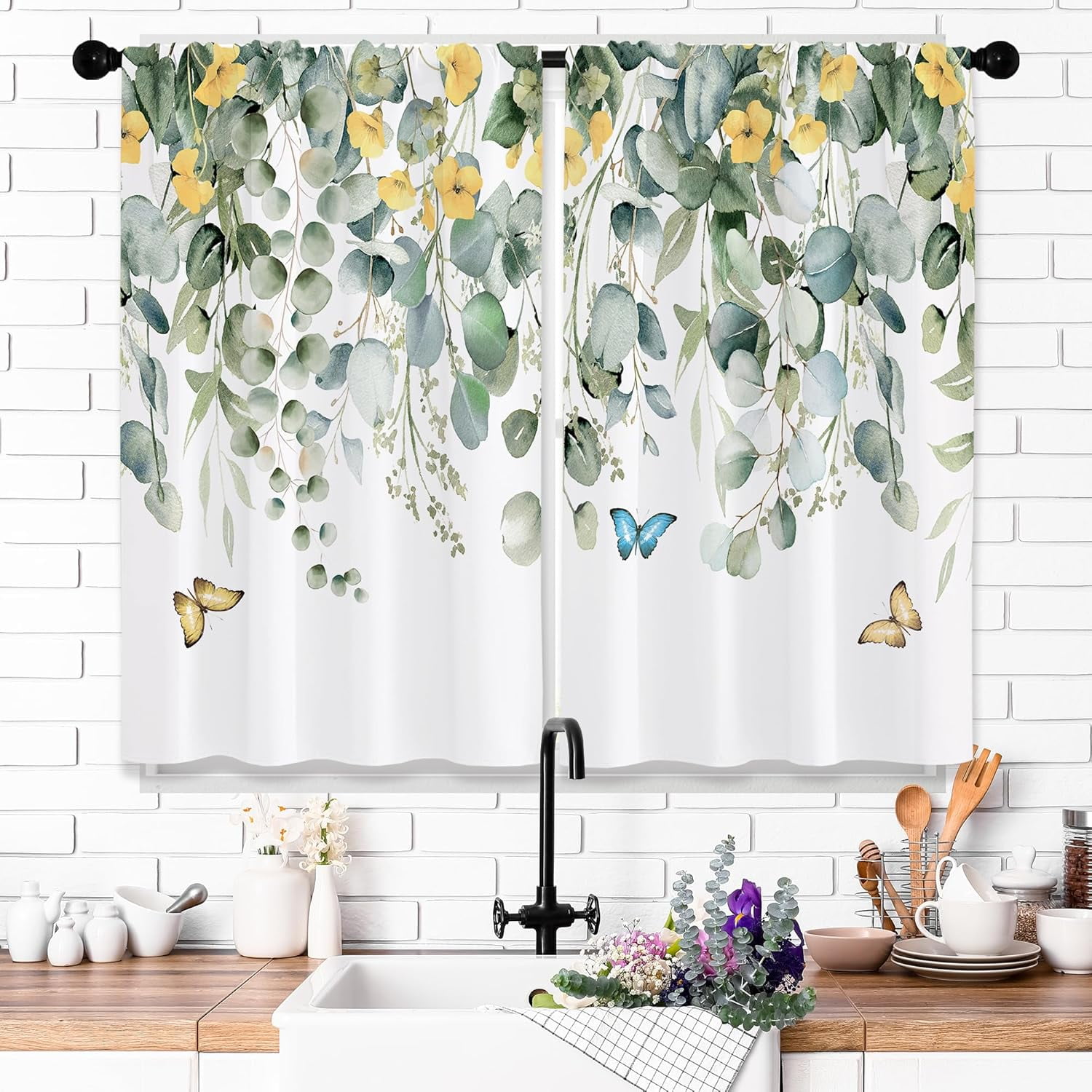 Yellow Floral Green Kitchen Curtains Watercolor Eucalyptus Leaves ...