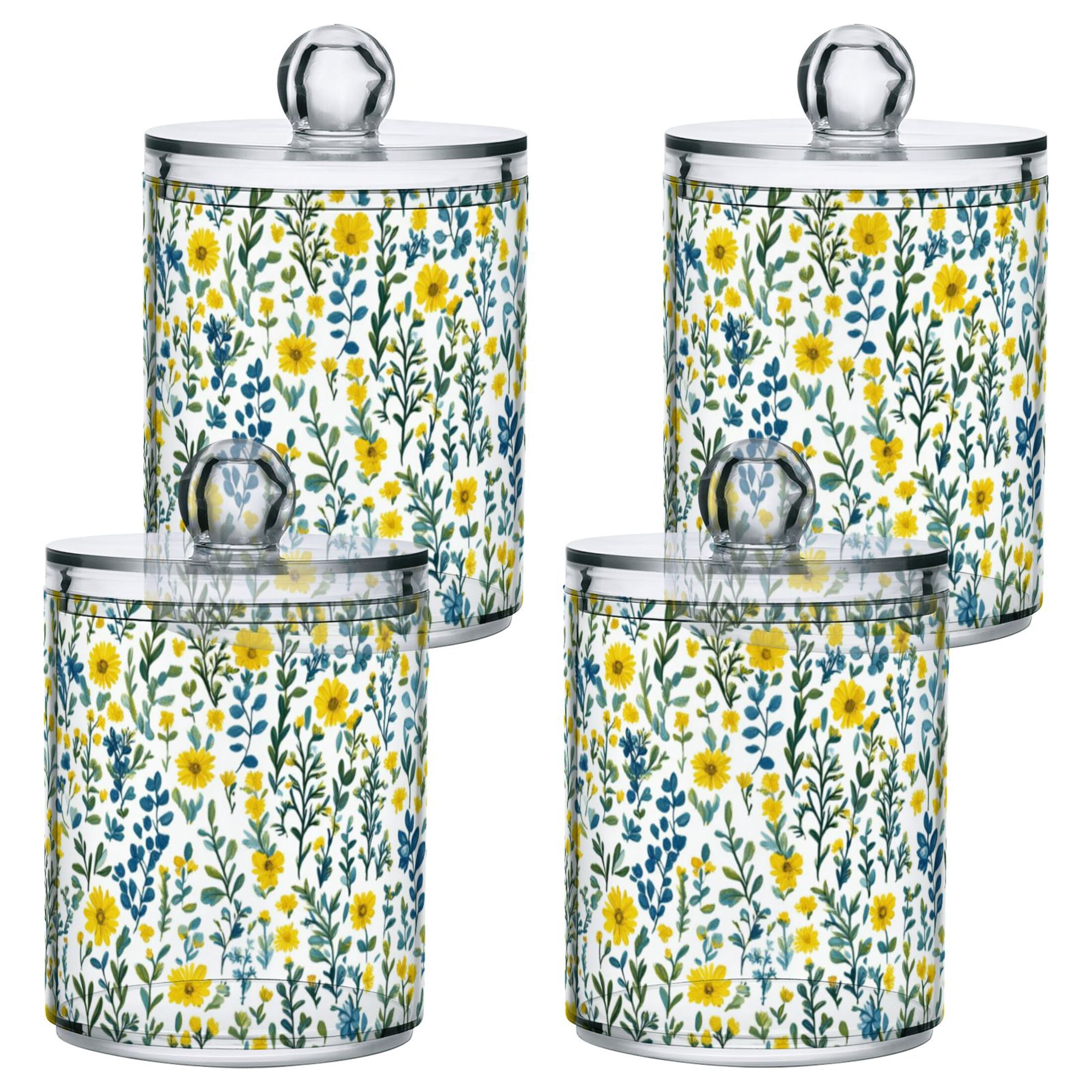 Yellow Floral Pattern Bathroom Canisters Set of 4 Translucent Plastic ...