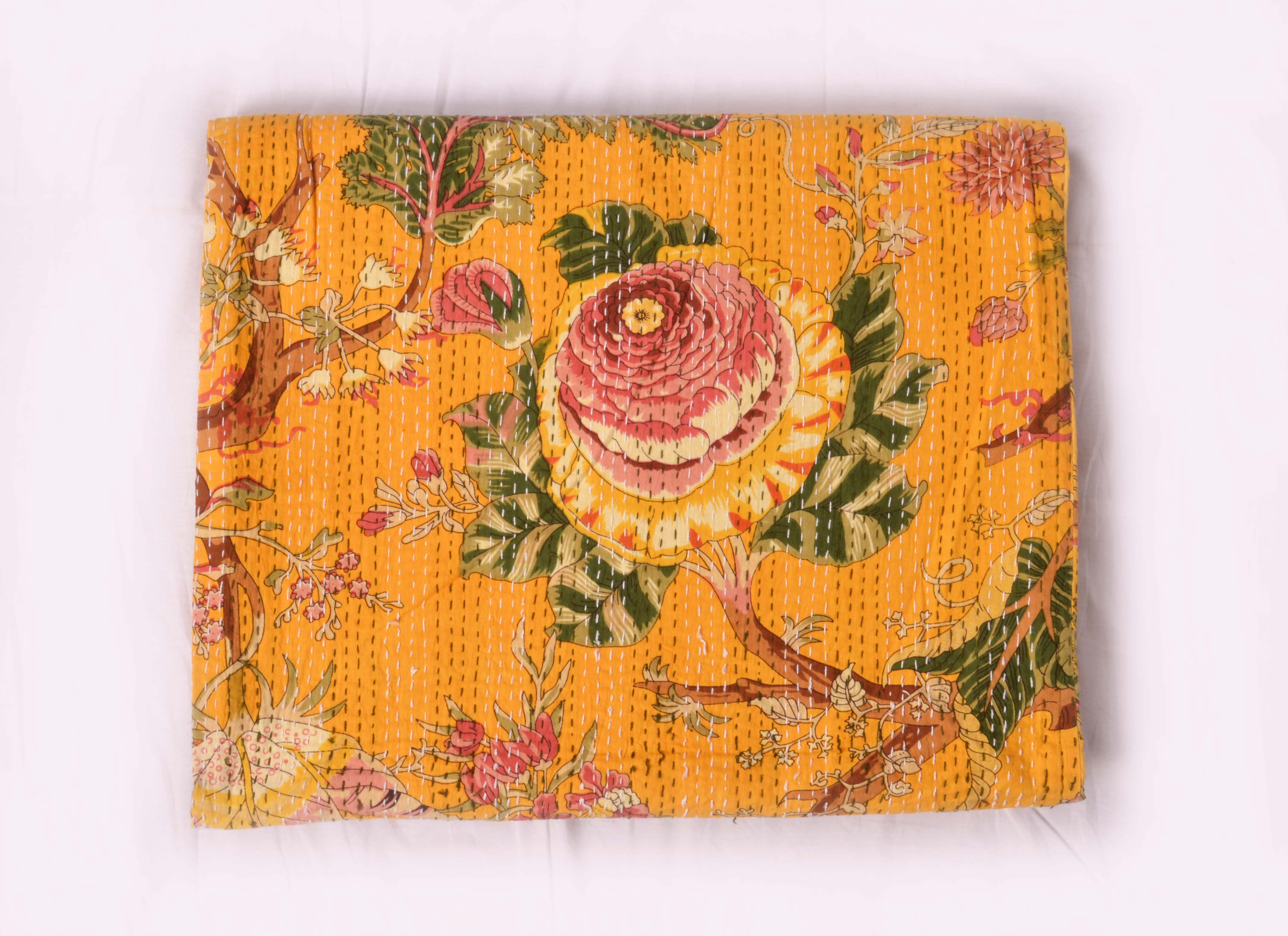Yellow Floral Print Quilt Queen Kantha Quilt Yellow Quilt Kantha ...
