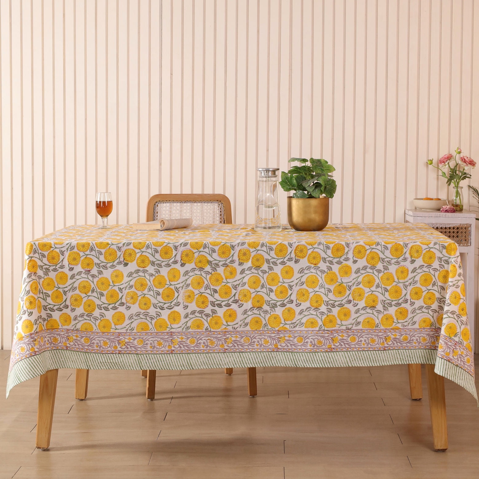 Yellow Floral Round Tablecloth – Sanganeri Block Print Cotton Handblock ...