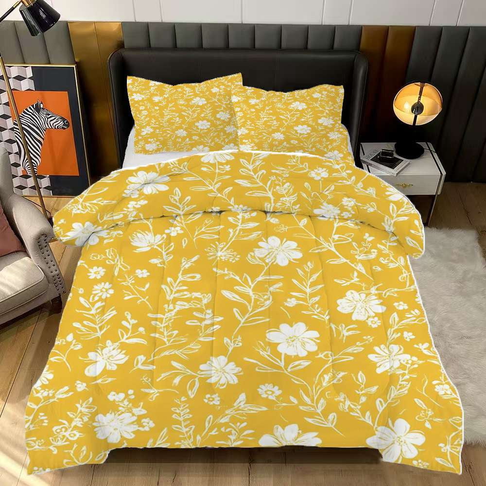 Yellow Floral Seamless Pattern Comforter Set Queen Size Bedding Set For ...