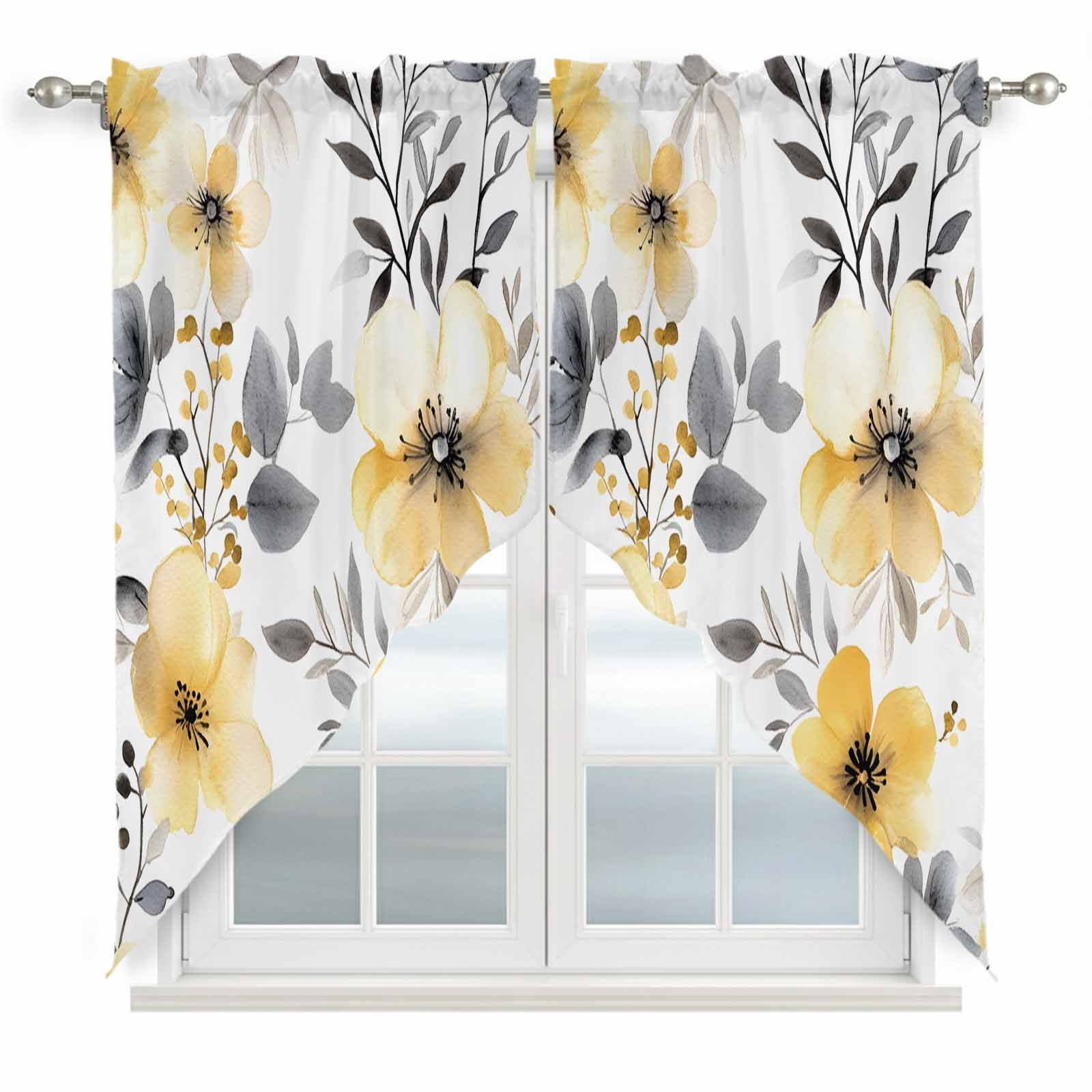 Yellow Floral Spring Swag Curtains Summer Botanical Gray Farmhouse Swag ...