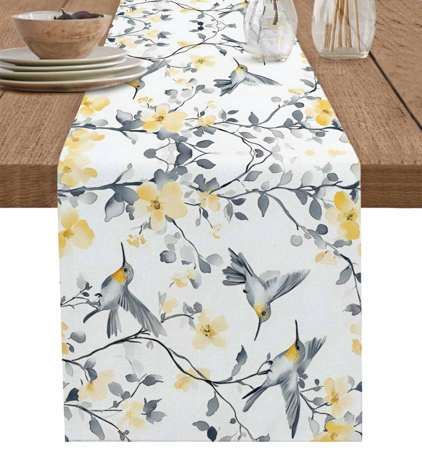 Yellow Floral Spring Table Runner 108 Inches, Gray Summer Botanical ...