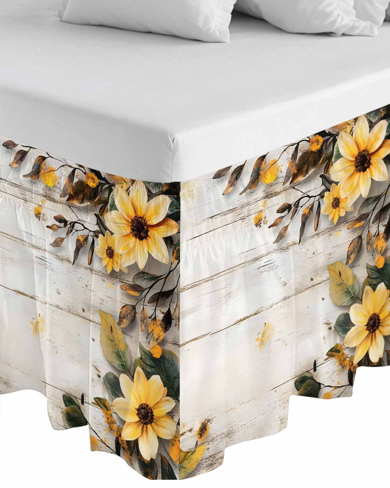 Yellow Floral Spring Wrap Around Bed Skirts for Queen Bed 16" Drop, Bed ...