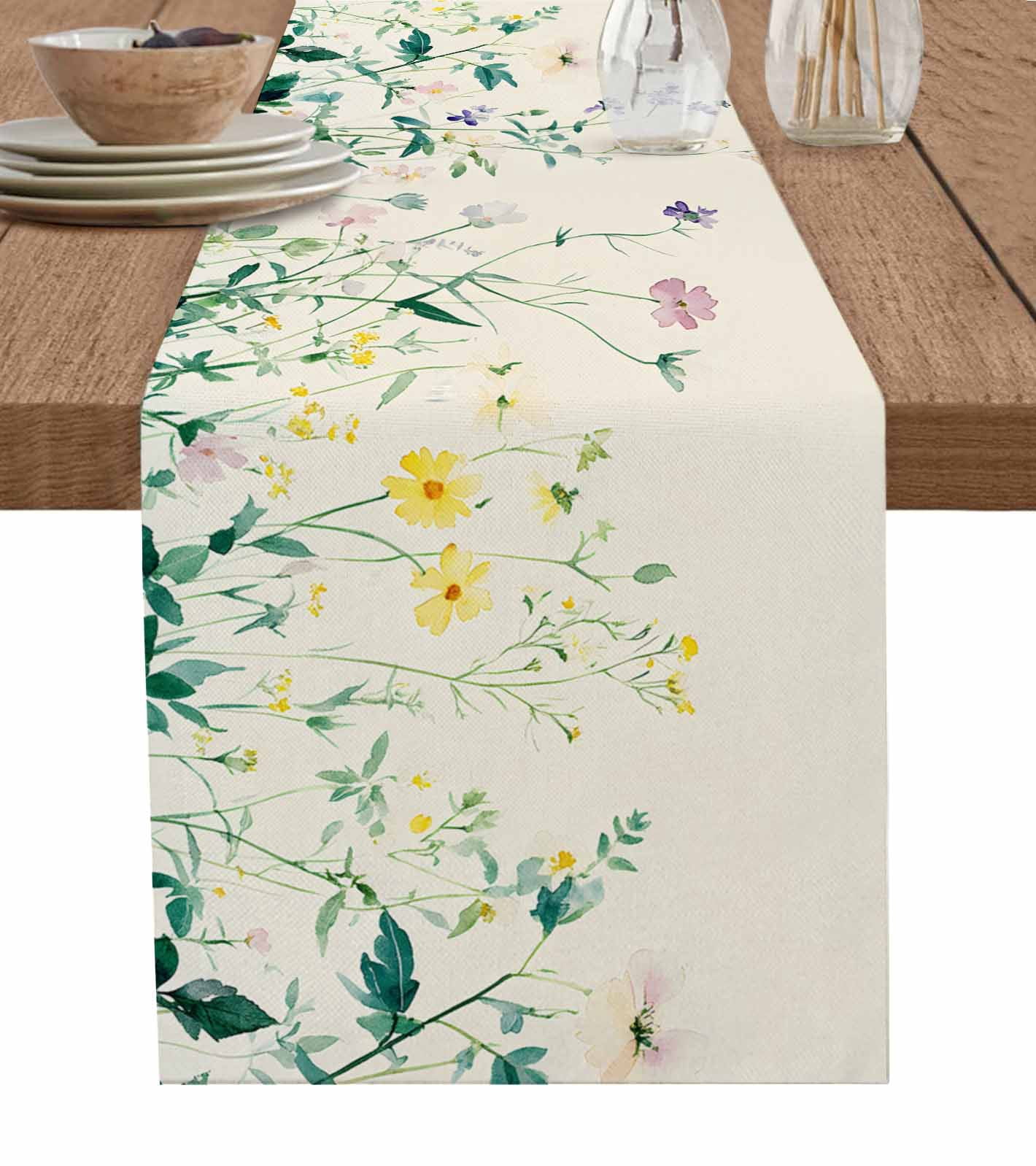 Yellow Floral Summer Table Runner 108 Inches, Vintage Green Botanical ...